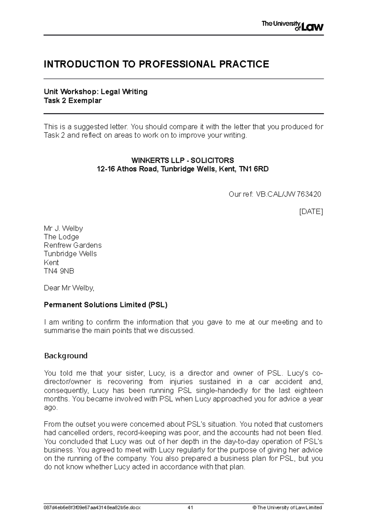Exemplar Client Letter - INTRODUCTION TO PROFESSIONAL PRACTICE Unit ...
