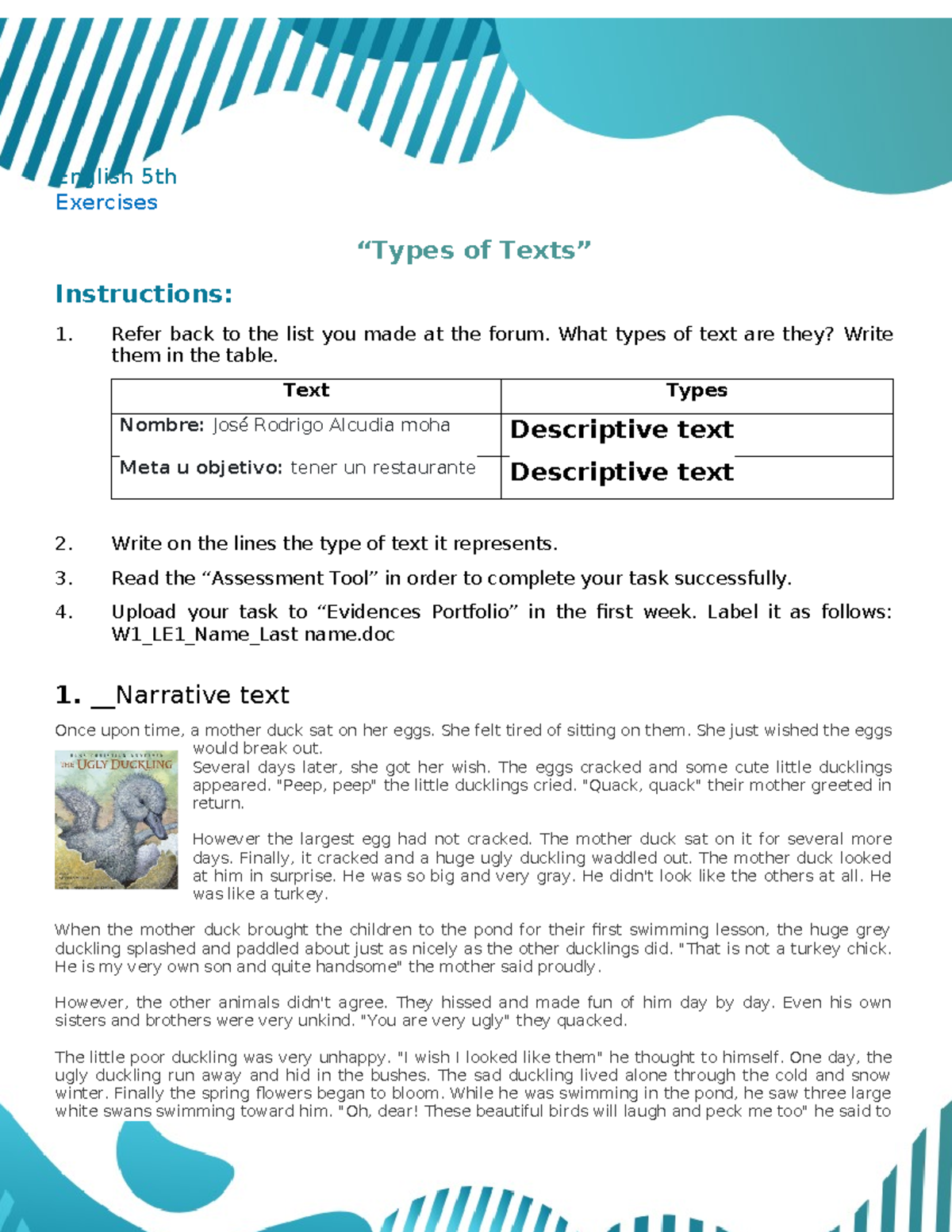 W1 LE1 José Alcudia - tarea tarea - English 5th Exercises “Types of ...
