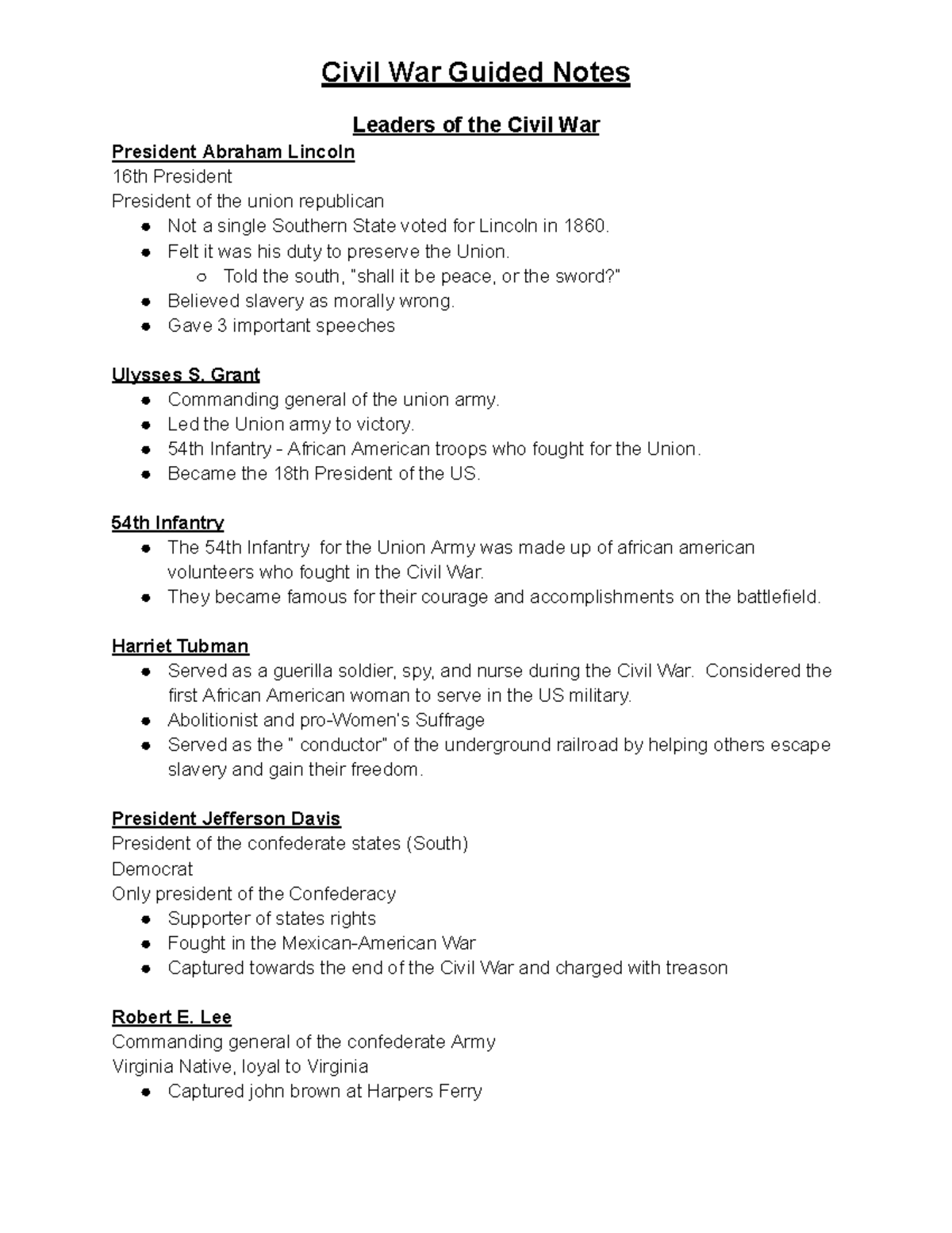 Copy of Civil War Guided Notes - Leaders of the Civil War President ...