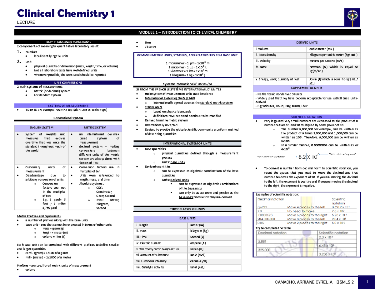 Module 1 UNIT 5 - Transes and notes. - Clinical Chemistry 1 LECTURE ...
