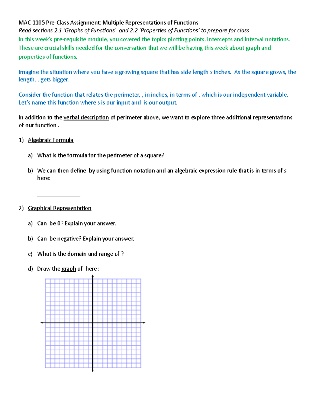 1105 Pre-Class Assignment Week 2 (Multiple Representations of Functions) - MAC 1105 Pre-Class ...
