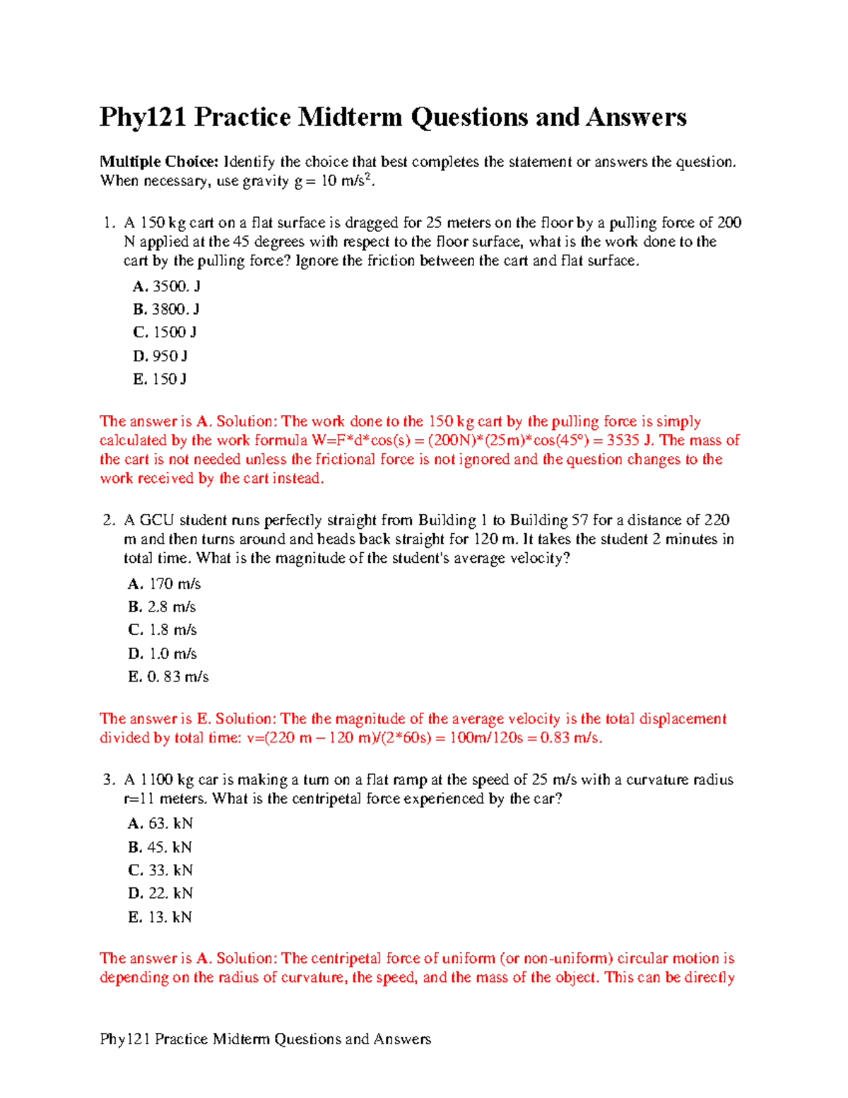 Phy Exam Sol - Midterm Exam - Phy121 Practice Midterm Questions and Answers Multiple Choice ...