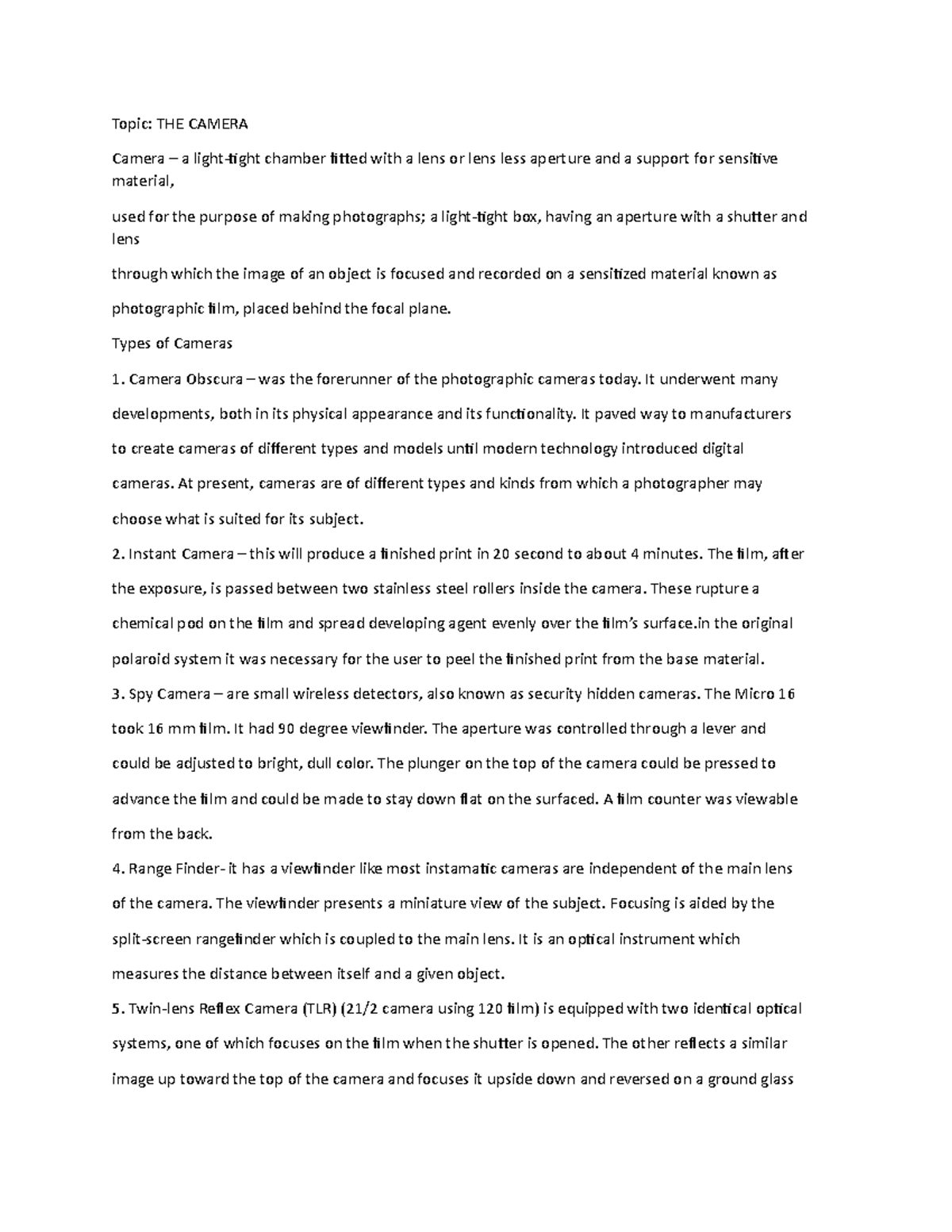 Lecture Forensic Digital Camera - Topic: THE CAMERA Camera – a light ...