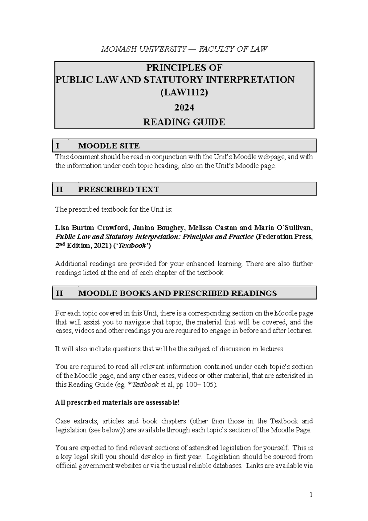 2024 PLSI Reading Guide - MONASH UNIVERSITY — FACULTY OF LAW PRINCIPLES ...