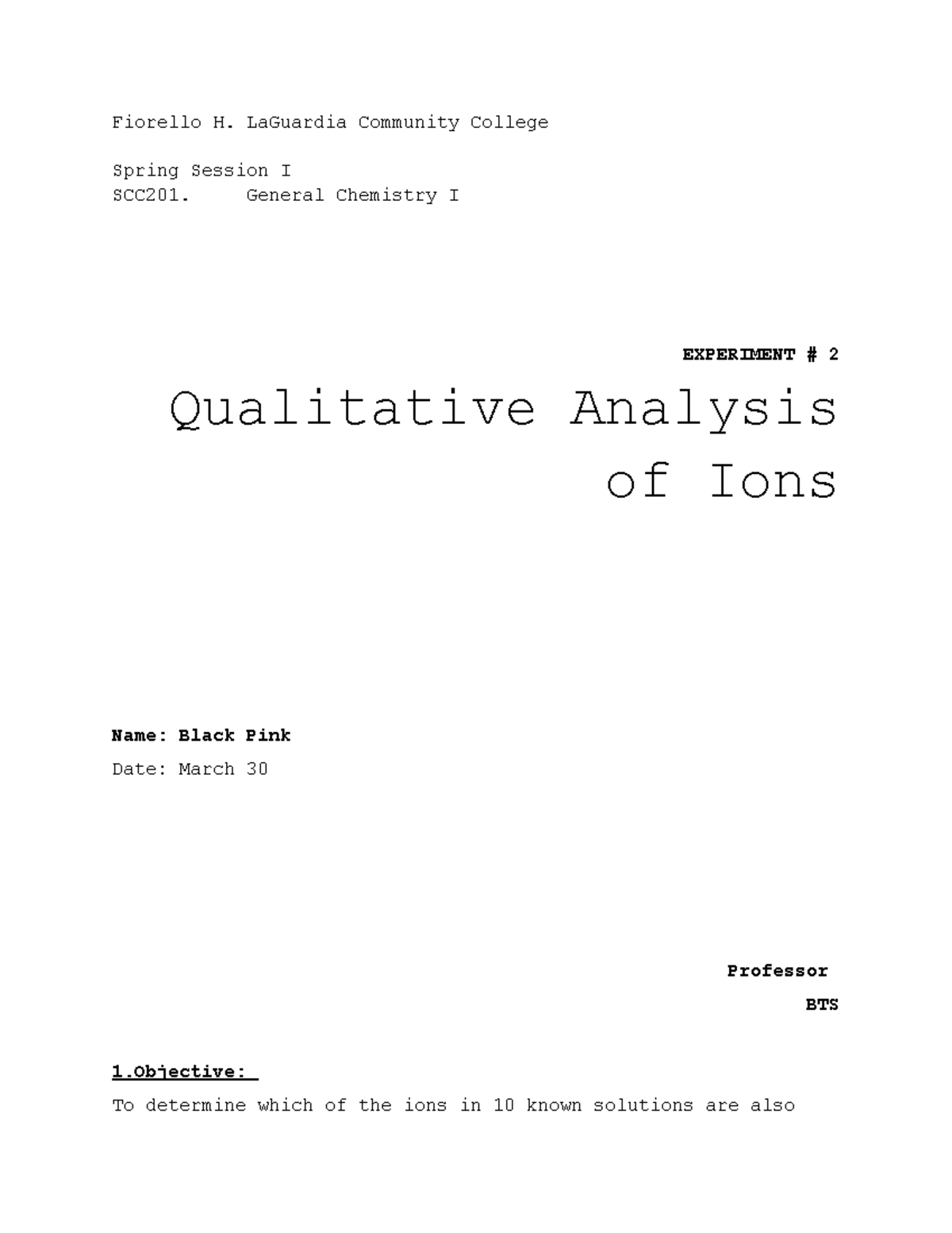 Lab report 2-Qualitative Analysis of Ions - Fiorello H. LaGuardia ...