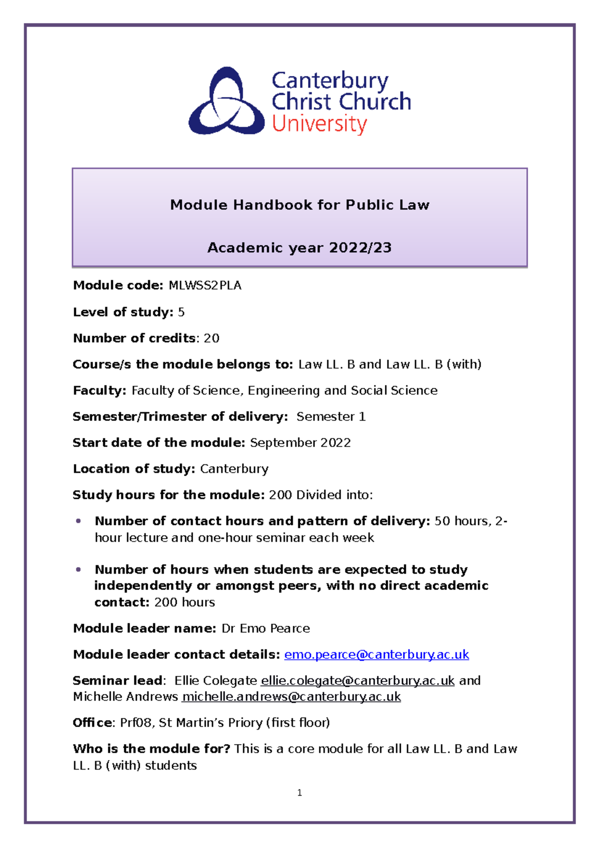 Module-Handbook for Public Law 1 2022-2023 - Module code: MLWSS2PLA ...