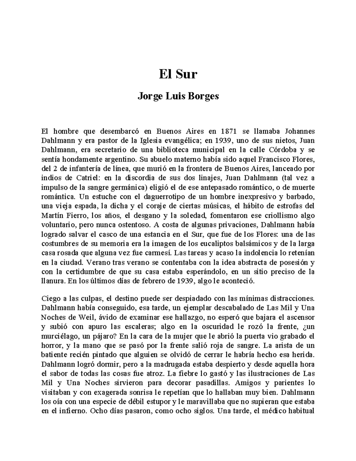 Borges EL SUR - - Studocu