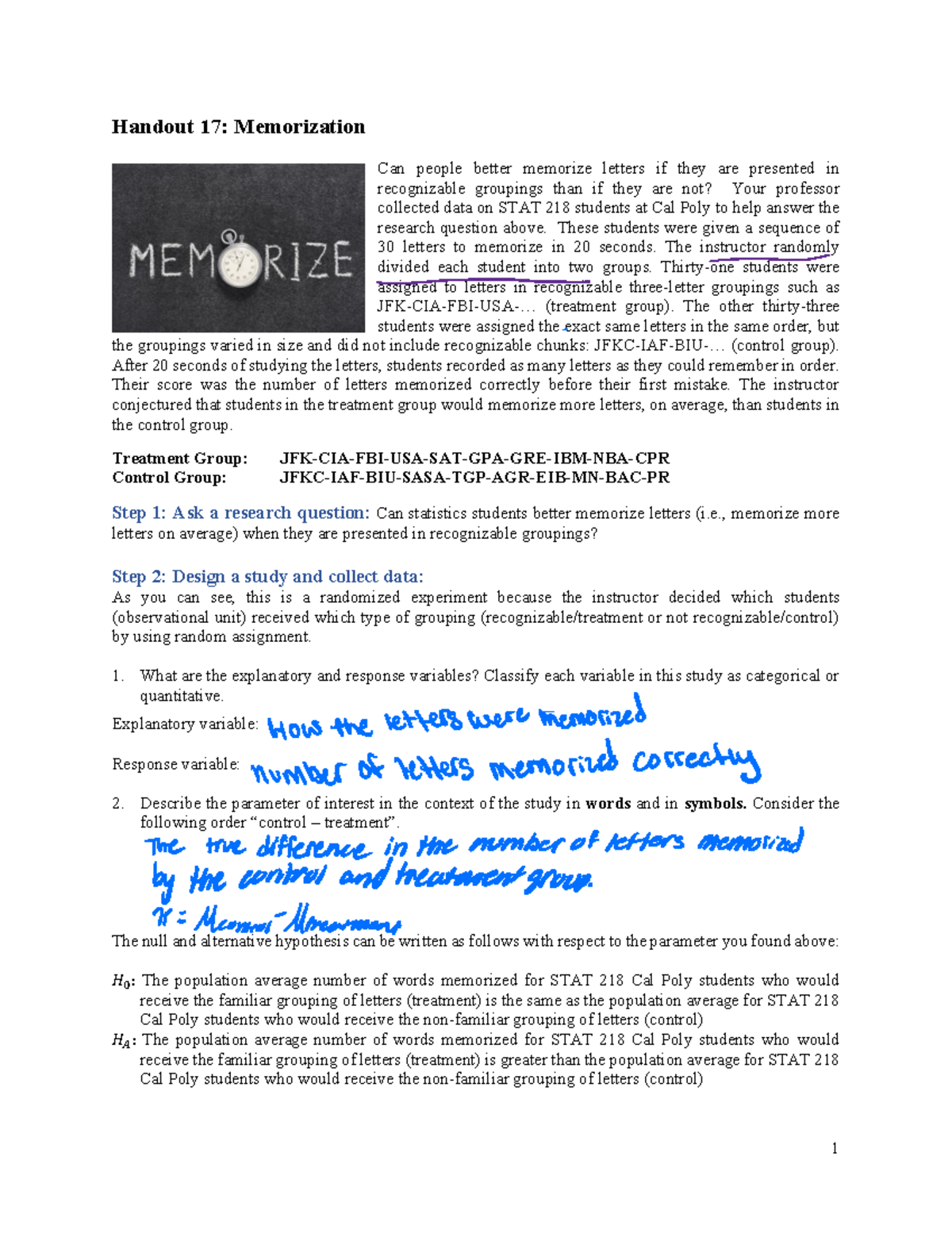 HO 17 - Memorization - Stats 218 Handout 17 - Handout 17: Memorization ...