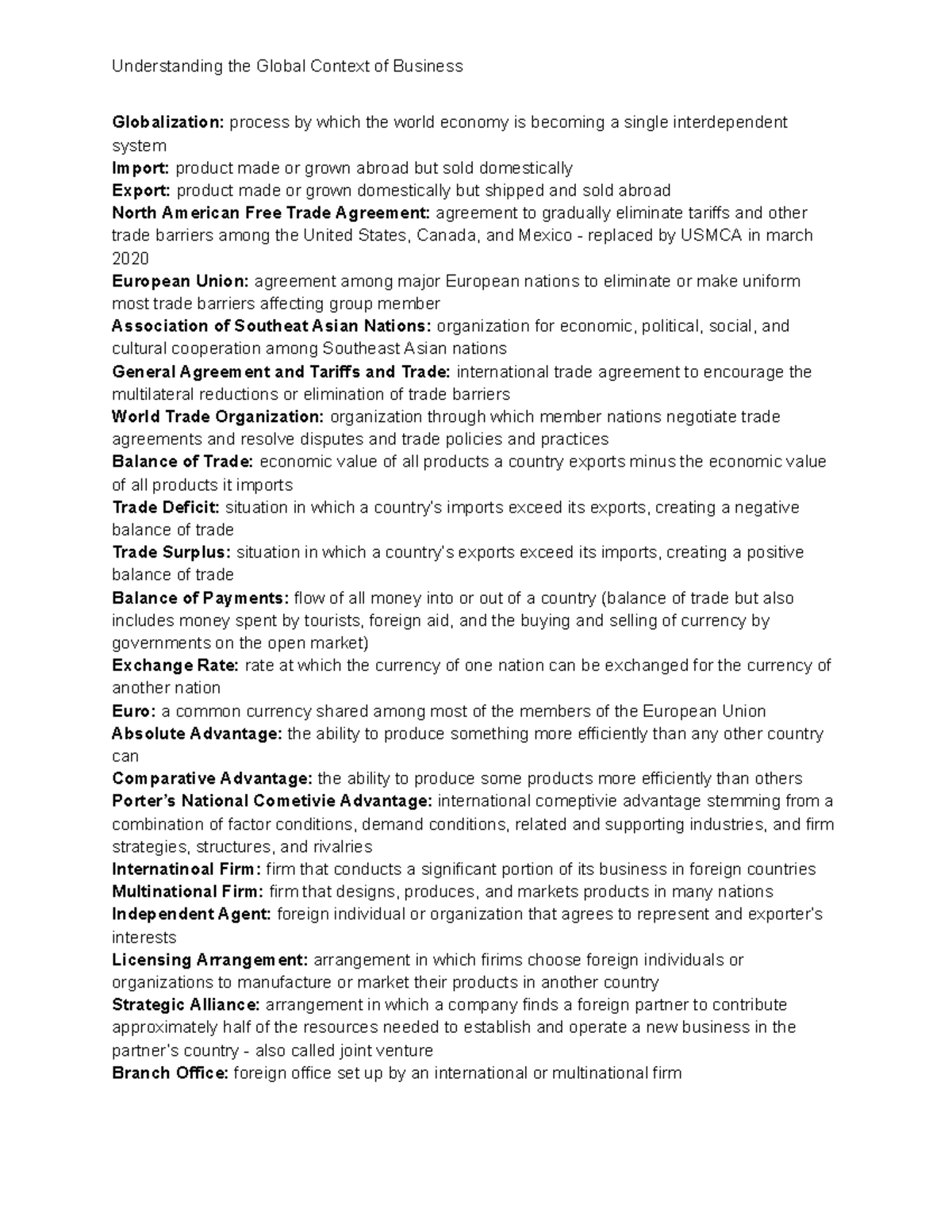 BUAD1010 Ch. 4 - Vocab for chapter 4 - Understanding the Global Context ...