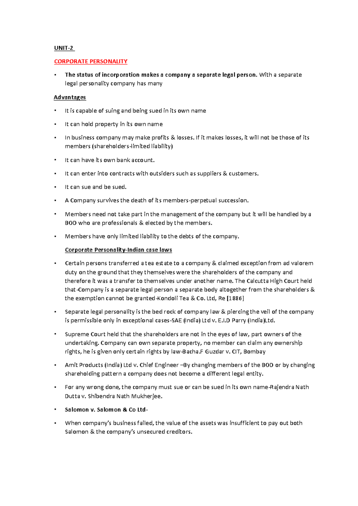 Unit2 Company Law Unit 2 Unit Corporate Personality The Status Of