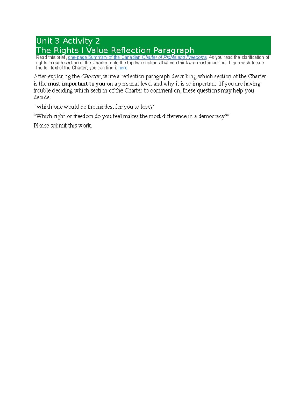 Unit 3 Activity 2 The Rights I Value Reflection Paragraph - Unit 3 ...