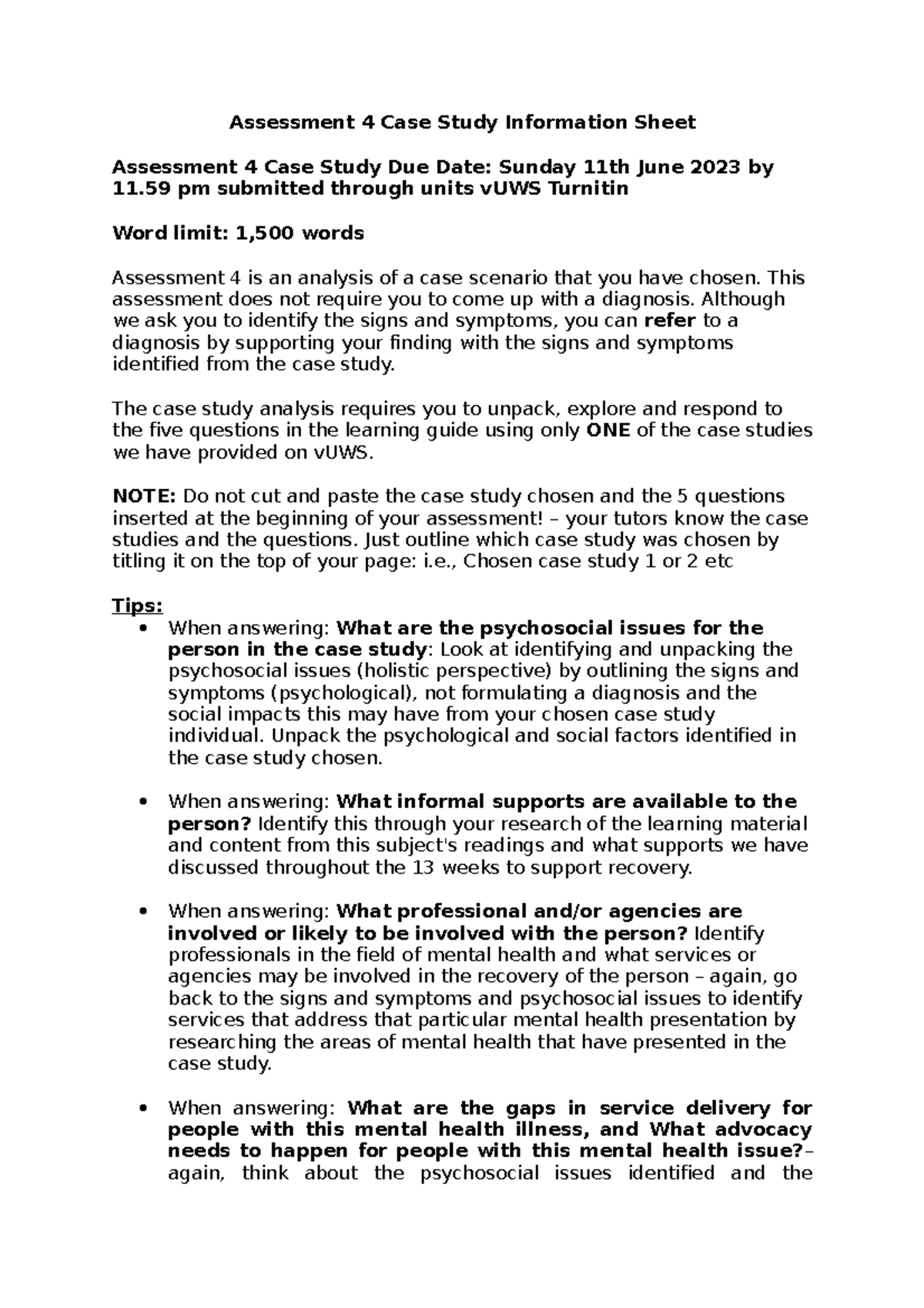 Assessment 4 - Case Study Information Sheet - Assessment 4 Case Study ...