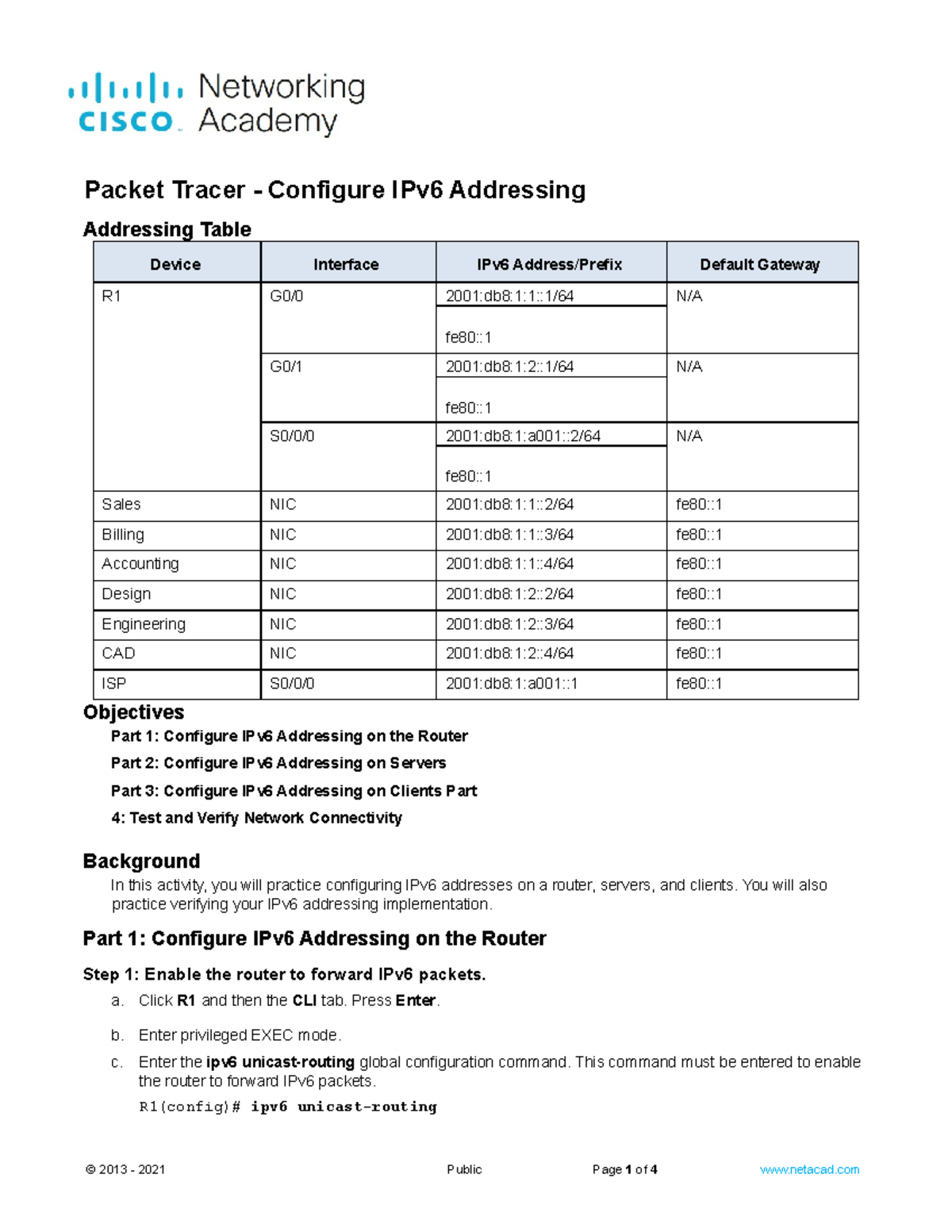 12.6.6 Packet Tracer - Configure IPv6 Addressing - Packet Tracer - Configure IPv6 Addressing ...