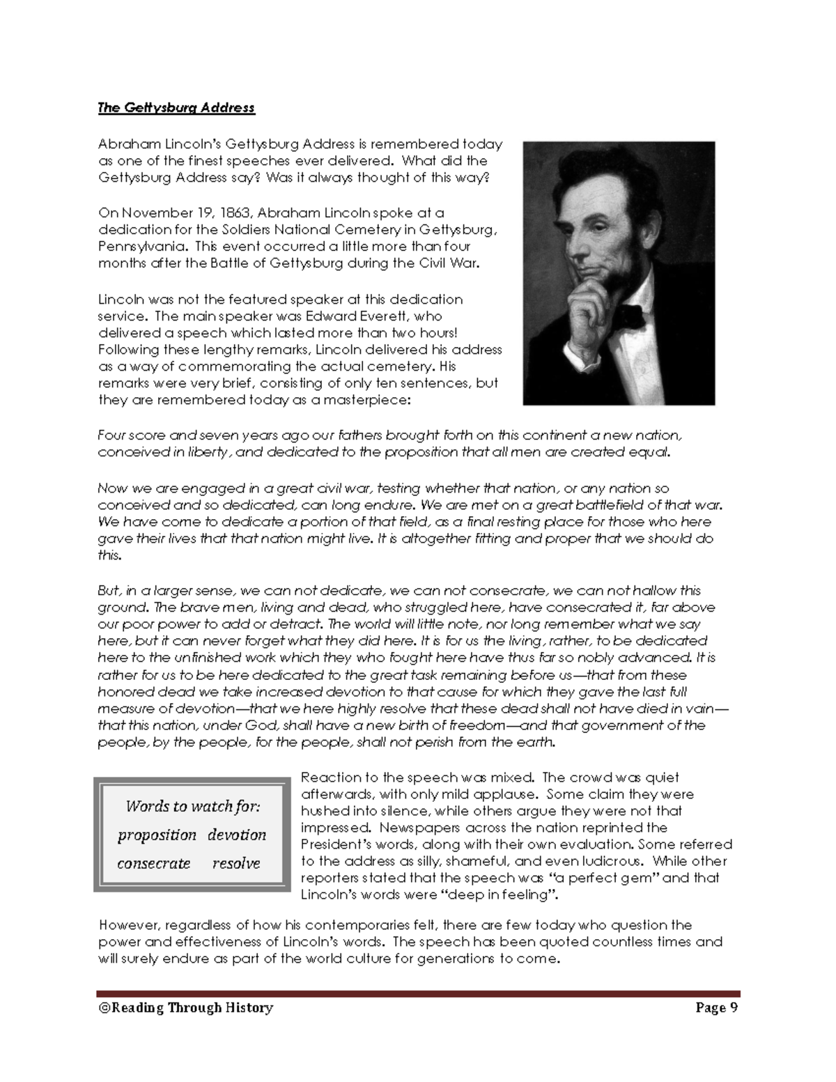 RWP Lincoln Documents Unit - ©Reading Through History Page 9 The ...