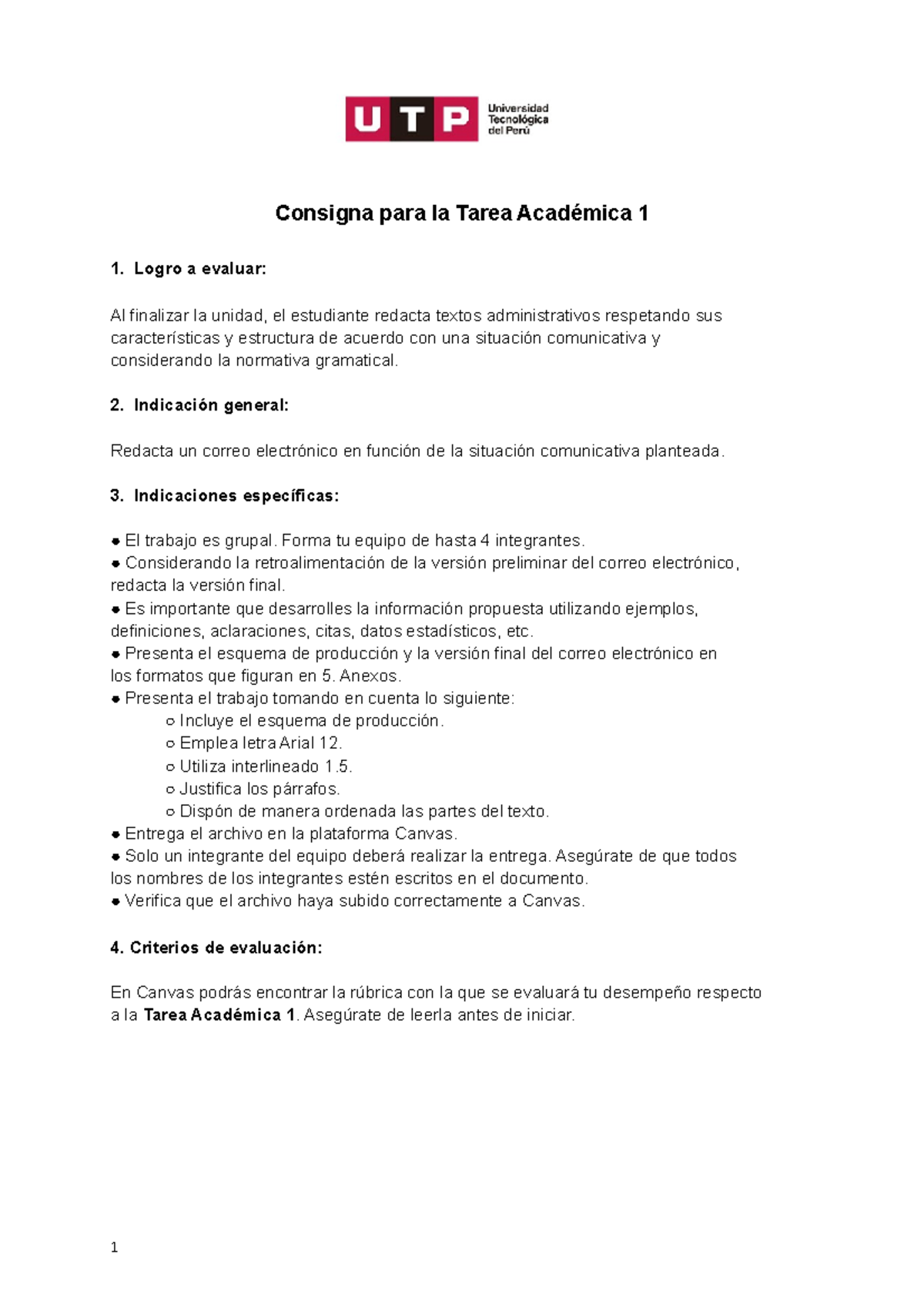 Tarea Académica 1 (TA1) formato - Consigna para la Tarea Académica 1 1. Logro a evaluar: Al ...