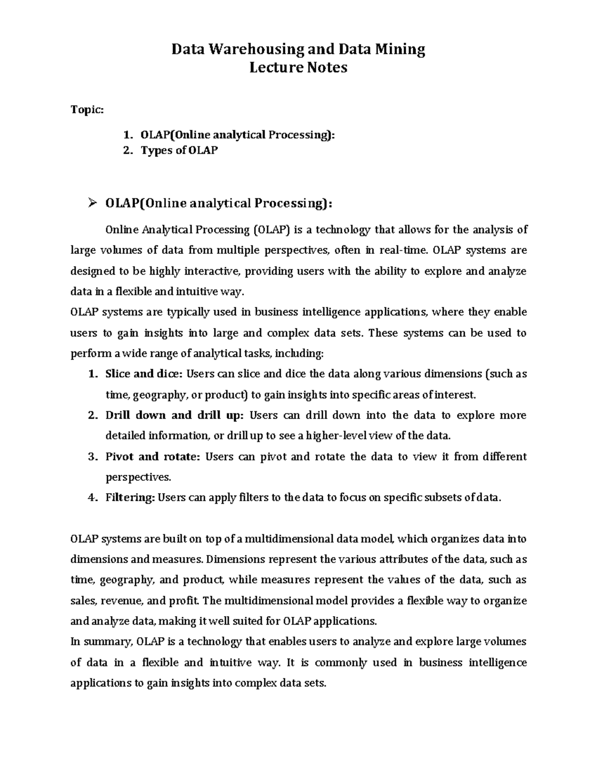Data Warehousing and Data Mining (OLAP(Online analytical Processing ...
