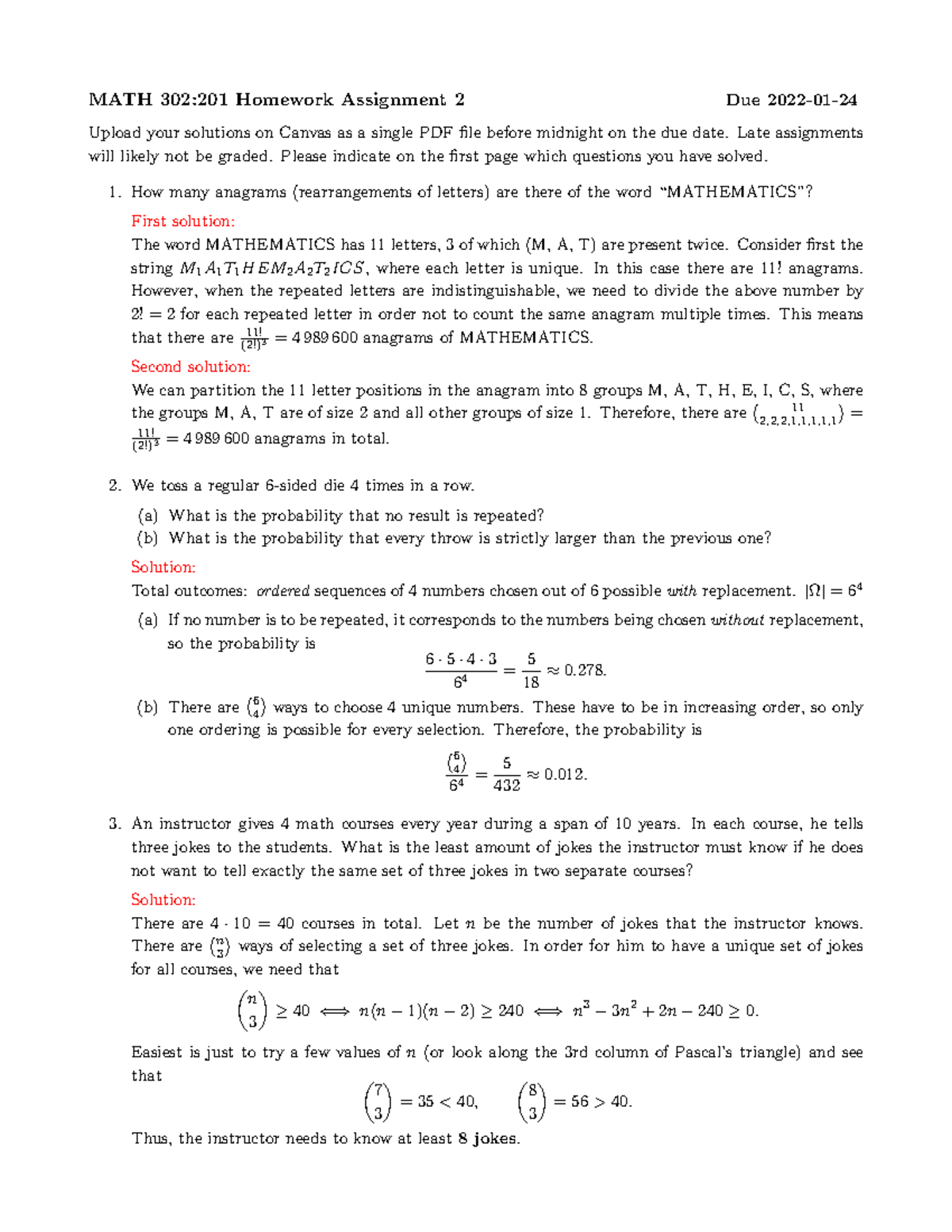 Math302-homework 2-solutions 2022 - MATH 302:201 Homework Assignment 2 Due 2022-01- Upload your ...