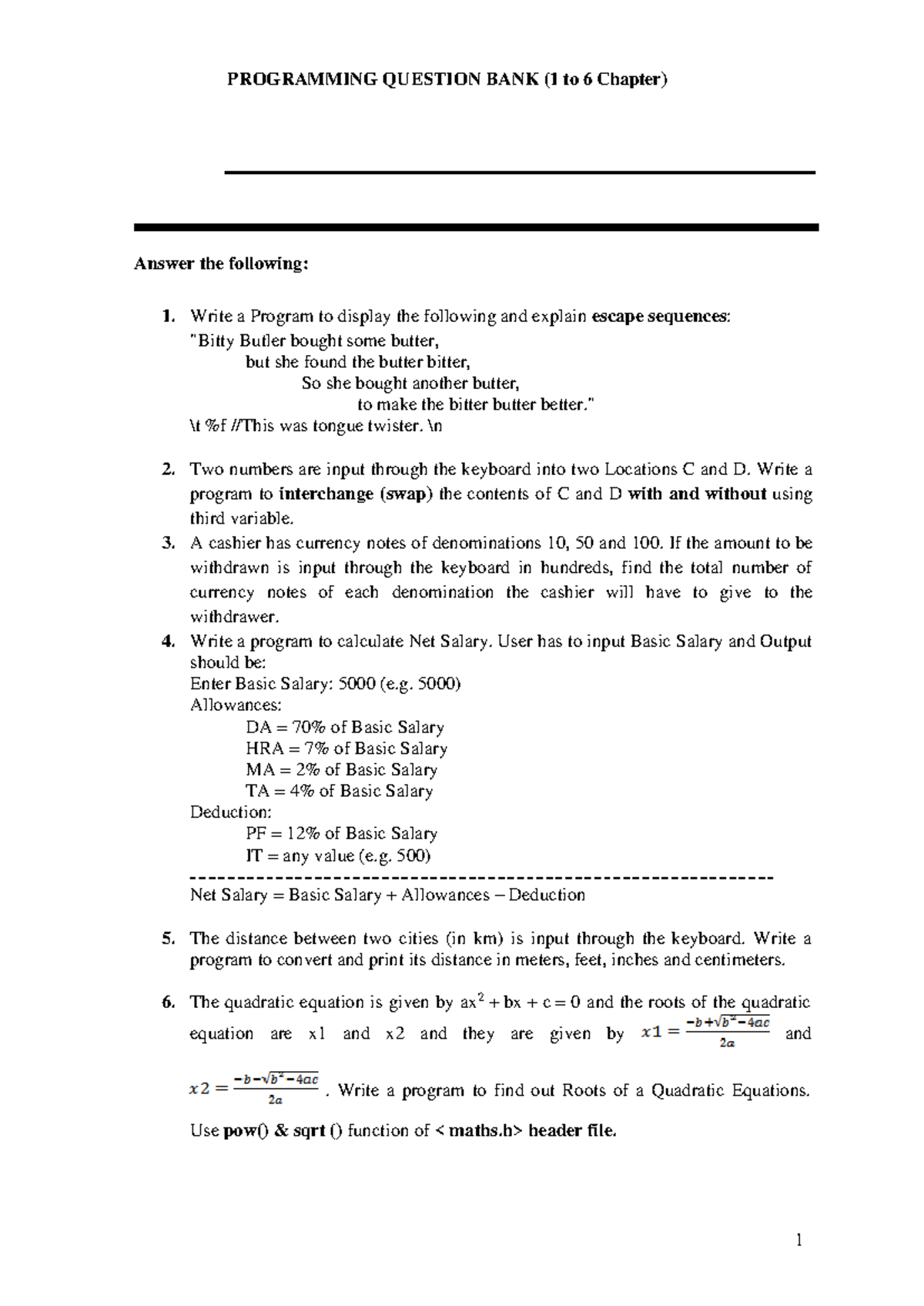 1 to 6 . Program Question BANK C.C.P - Answer the following: 1. Write a ...
