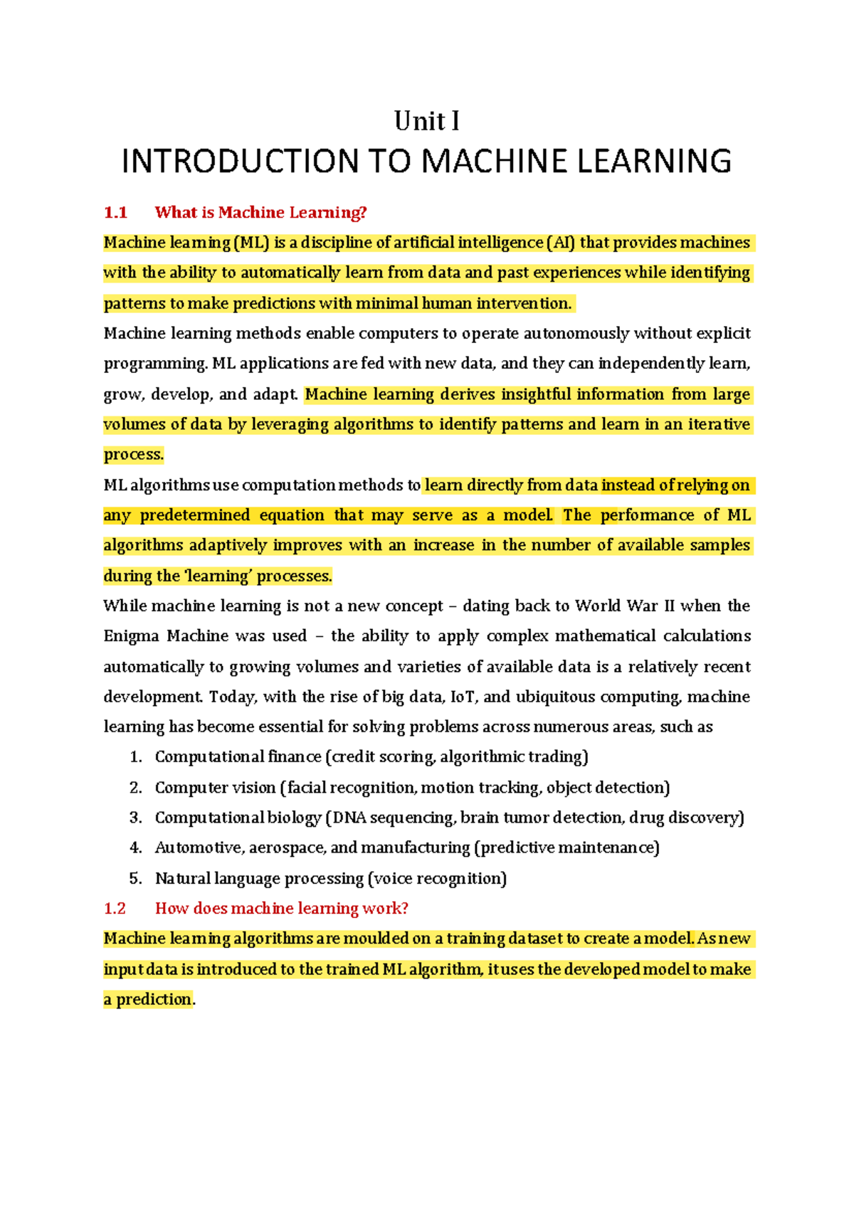 Ml Notes Ut 1 Unit I Introduction To Machine Learning 1 What Is Machine Learning Machine