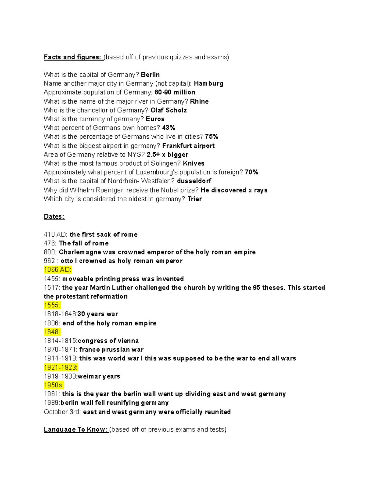 German History Final Exam Review - Facts and figures: (based off of ...