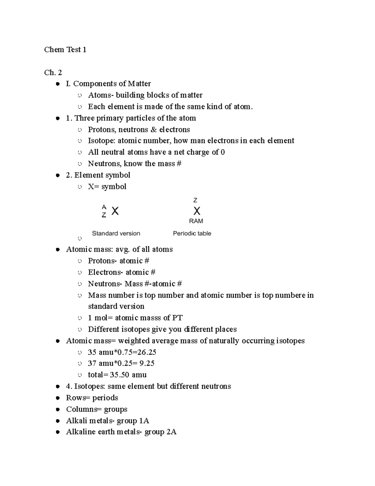 Chem test 2 201 - Chem Test 1 Ch. 2 I. Components of Matter Atoms ...