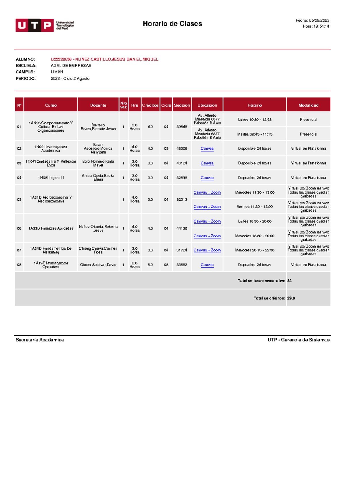 Reporte Horario Horario De Clases Fecha 05 08 Hora 19 54 Alumno