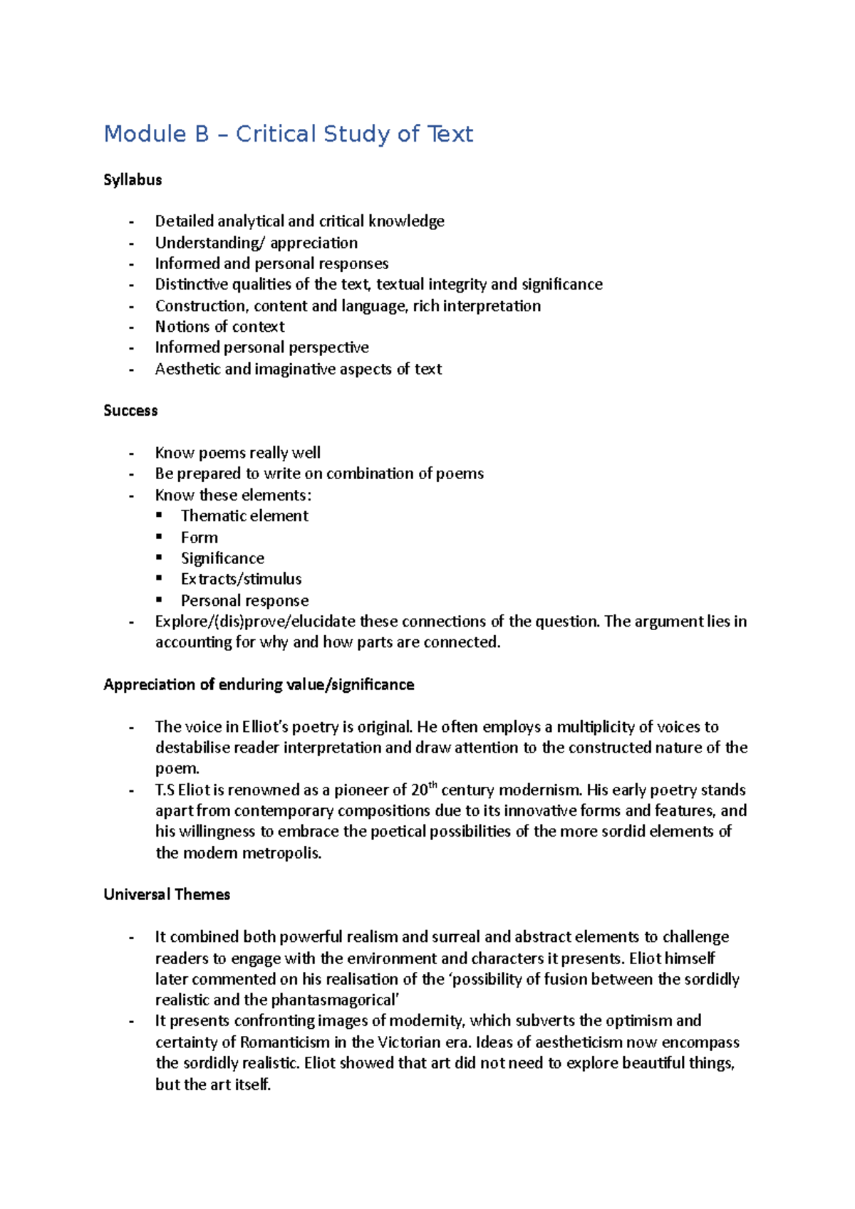 Critical Study of Text - comprehensive syllabus notes - Module B ...