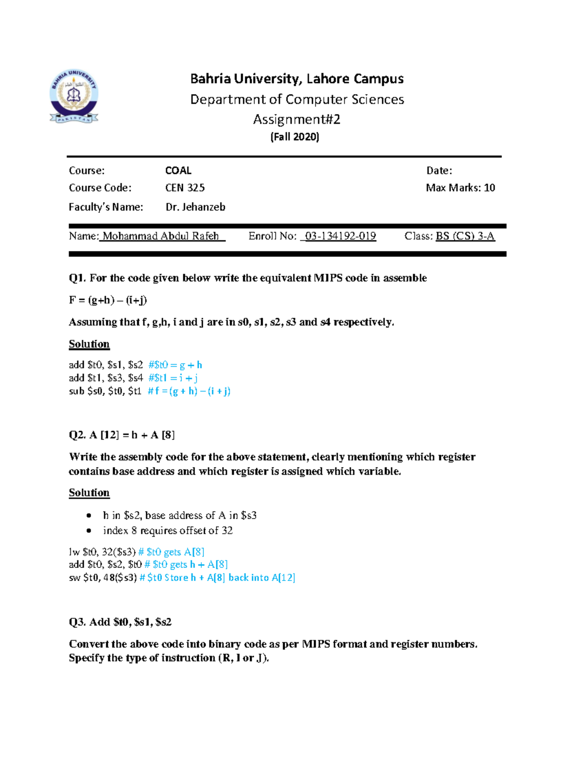 Coal Assignment 2 - fgdhg dsgfdh - Bahria University, Lahore Campus ...