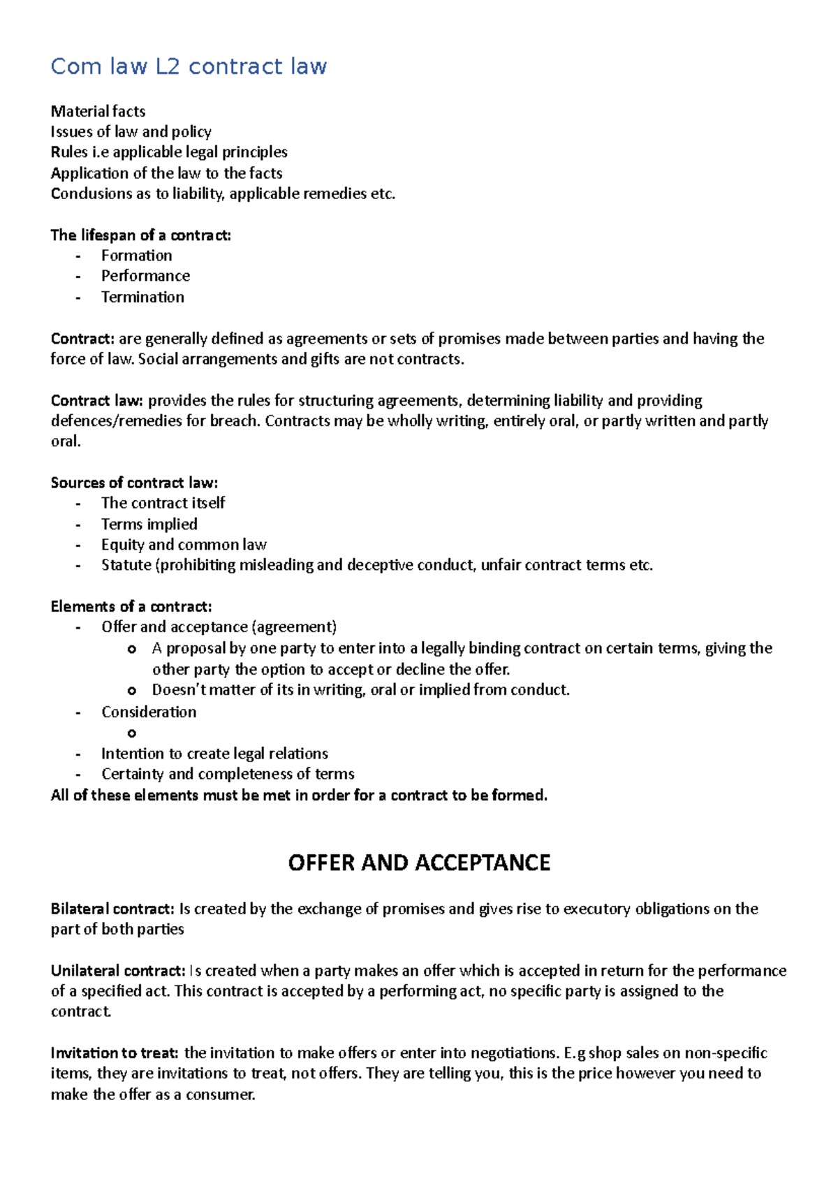 Week 2 - Contracts (Formation) - Com law L2 contract law Material facts Issues of law and policy ...