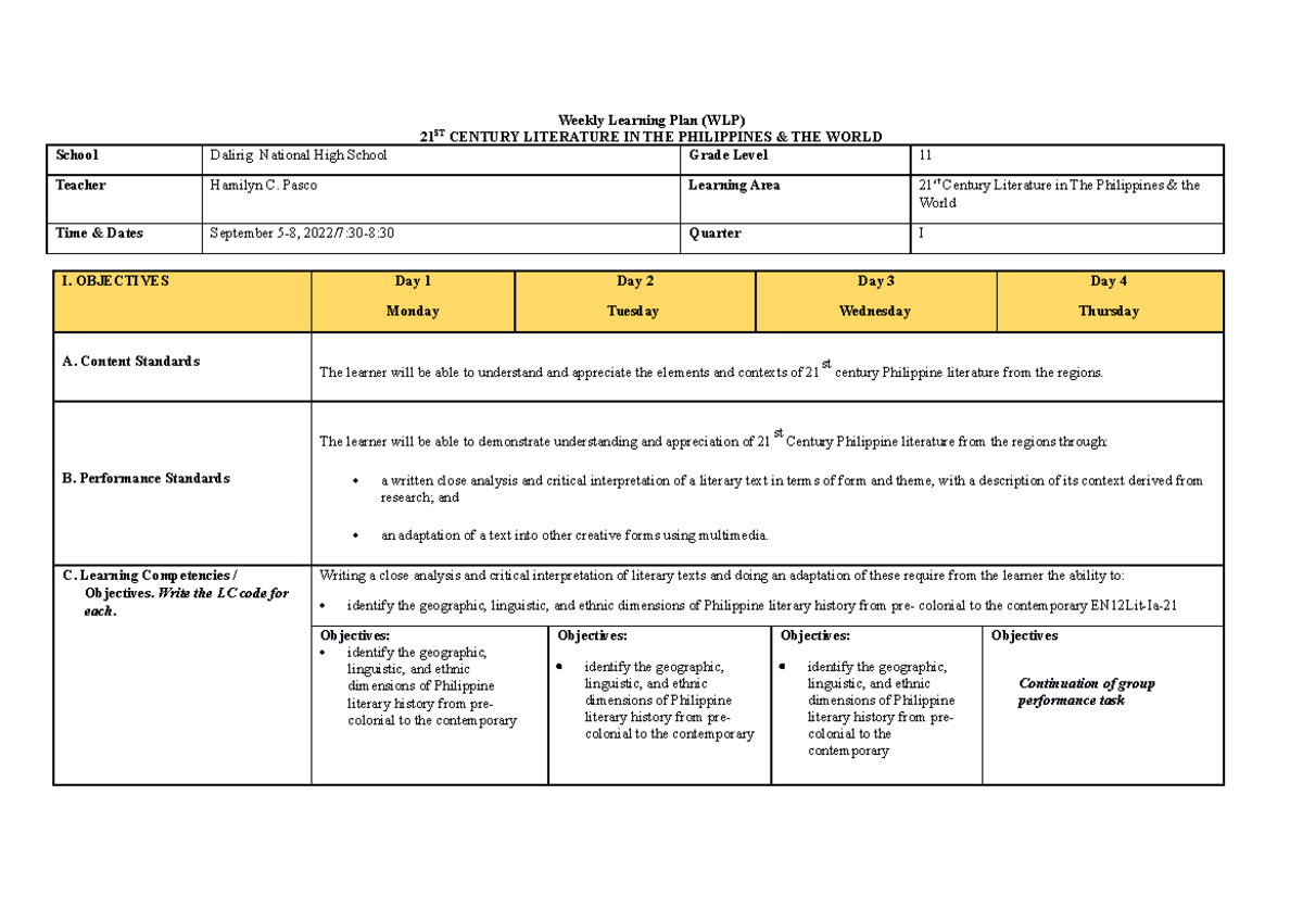 WLP 21ST Century WEEK 1 - SEMI-DLP - Weekly Learning Plan (WLP) 21 ST ...