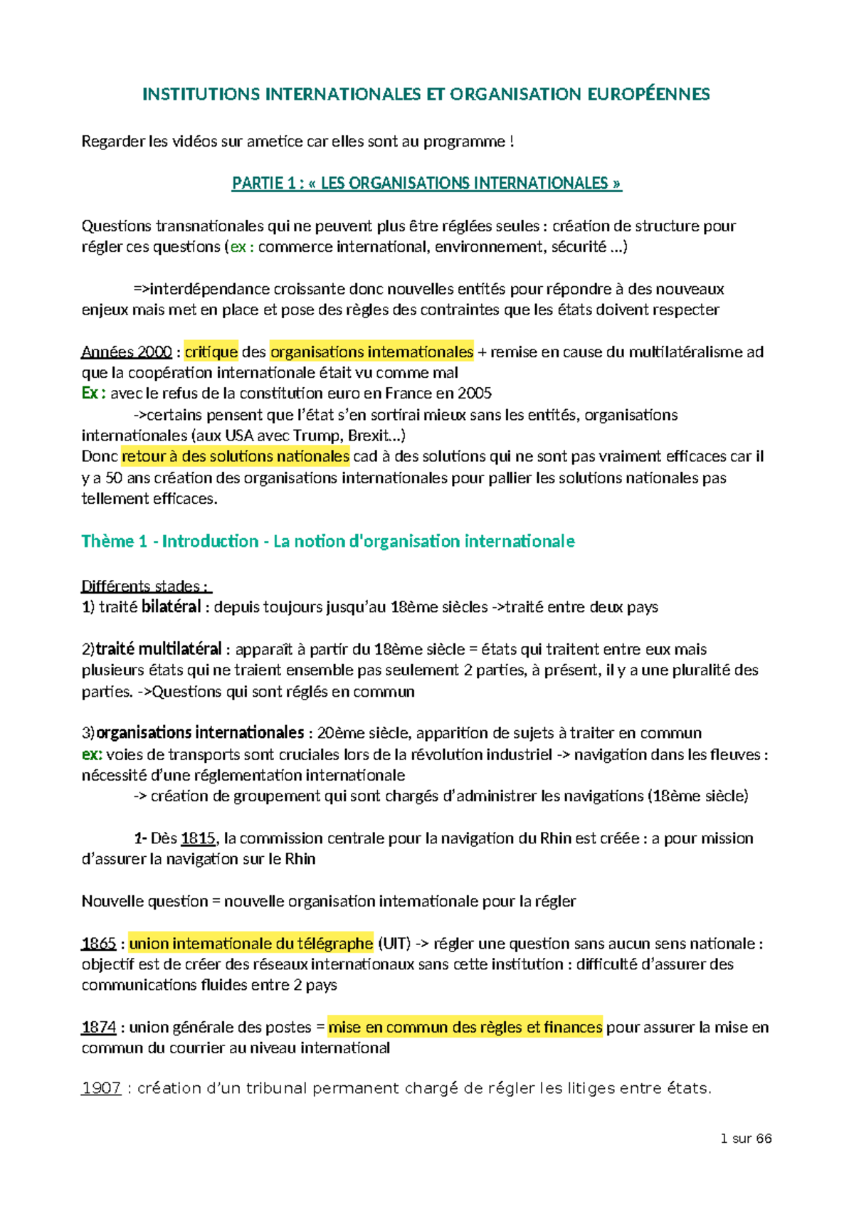 Cours OI - INSTITUTIONS INTERNATIONALES ET ORGANISATION EUROPÉENNES ...