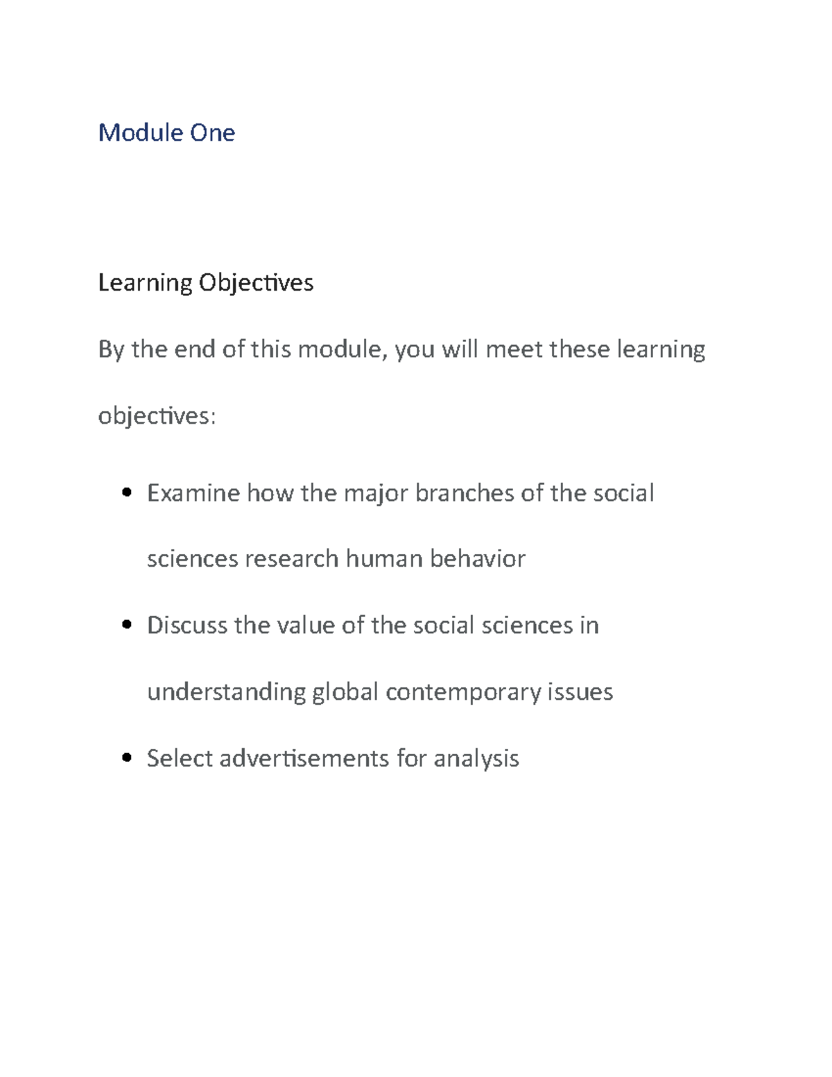 Module One overview - Module One Learning Objectives By the end of this ...
