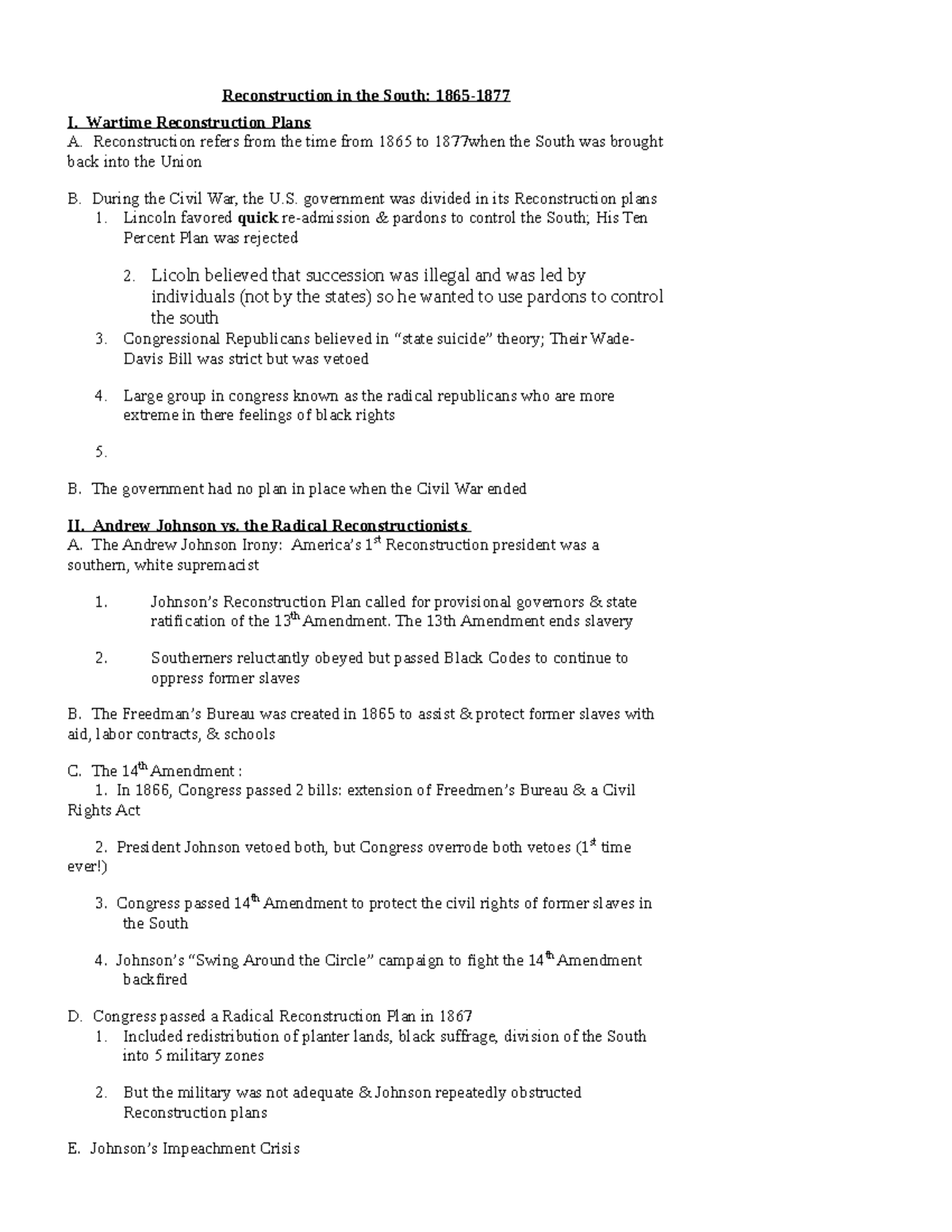 Copy of Copy of 2Reconstruction Notes - Reconstruction in the South ...