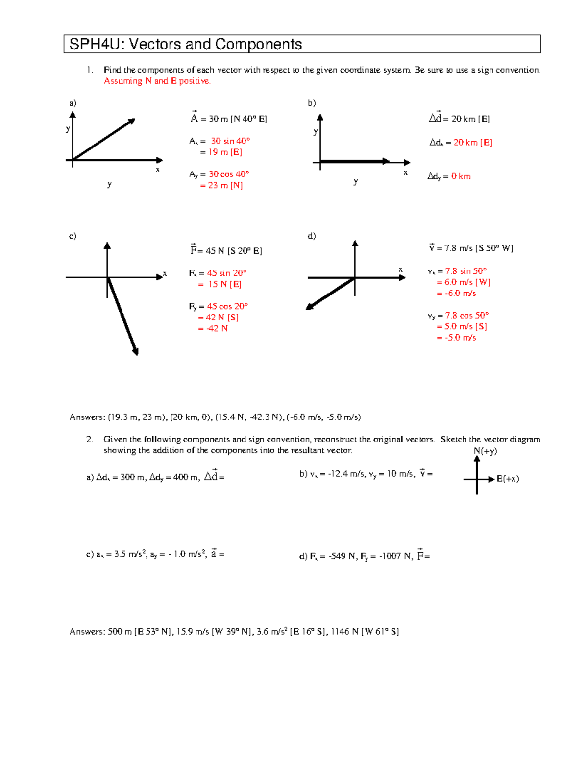 Vectors and Components Solutions - SPH4U: Vectors and Components Find ...