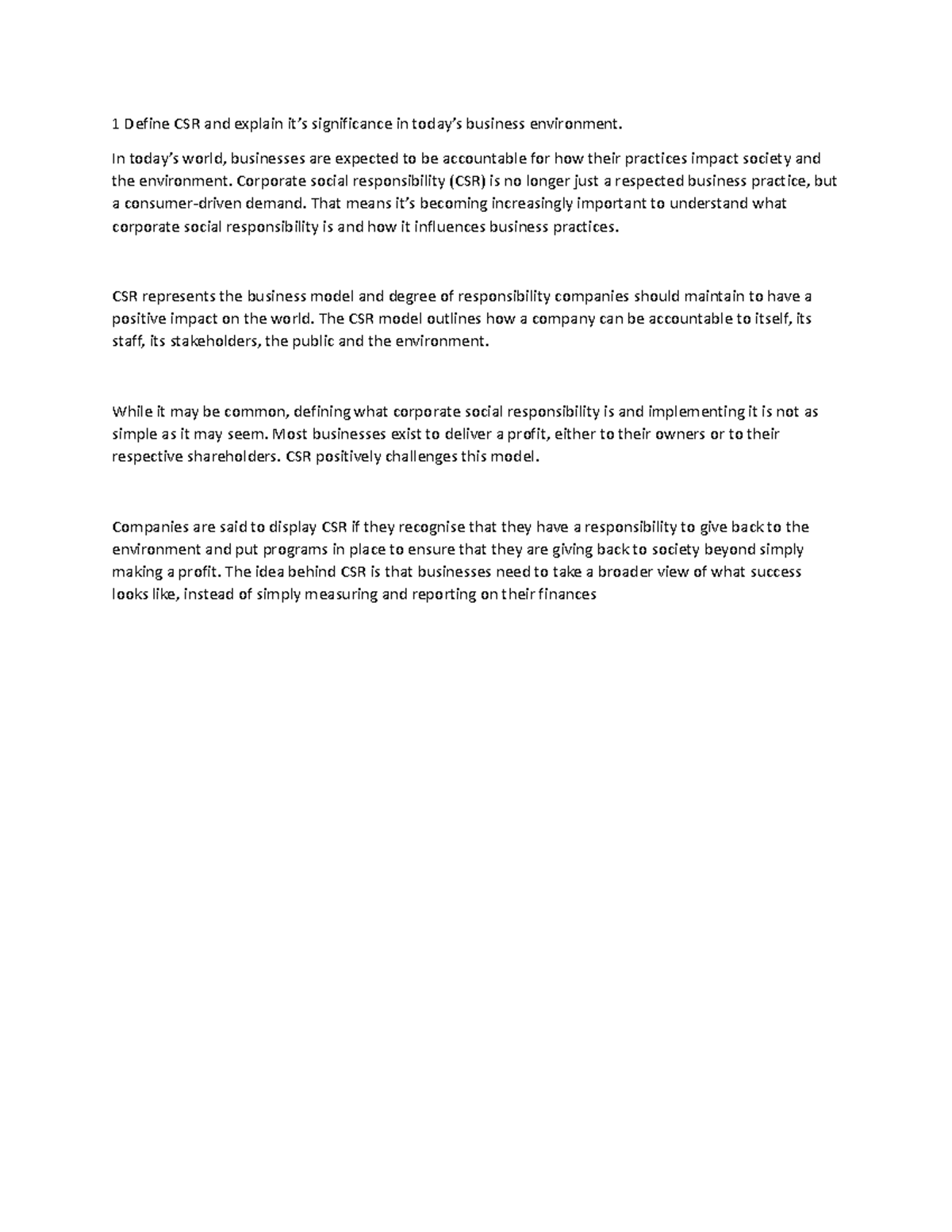 Document - CSR - 1 Define CSR and explain it’s significance in today’s ...