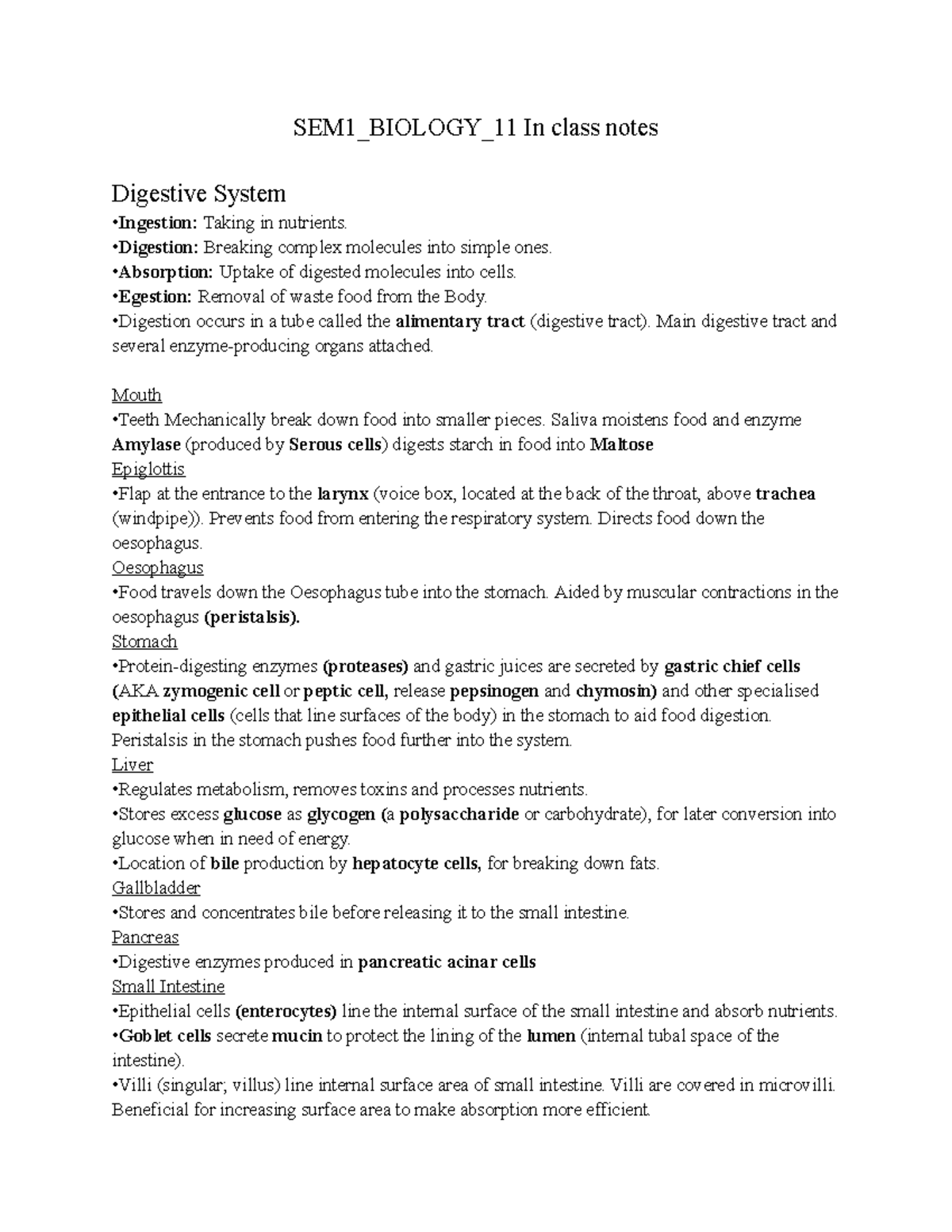 In-class Notes VCE Biology 1 2 - SEM1_BIOLOGY_11 In class notes ...