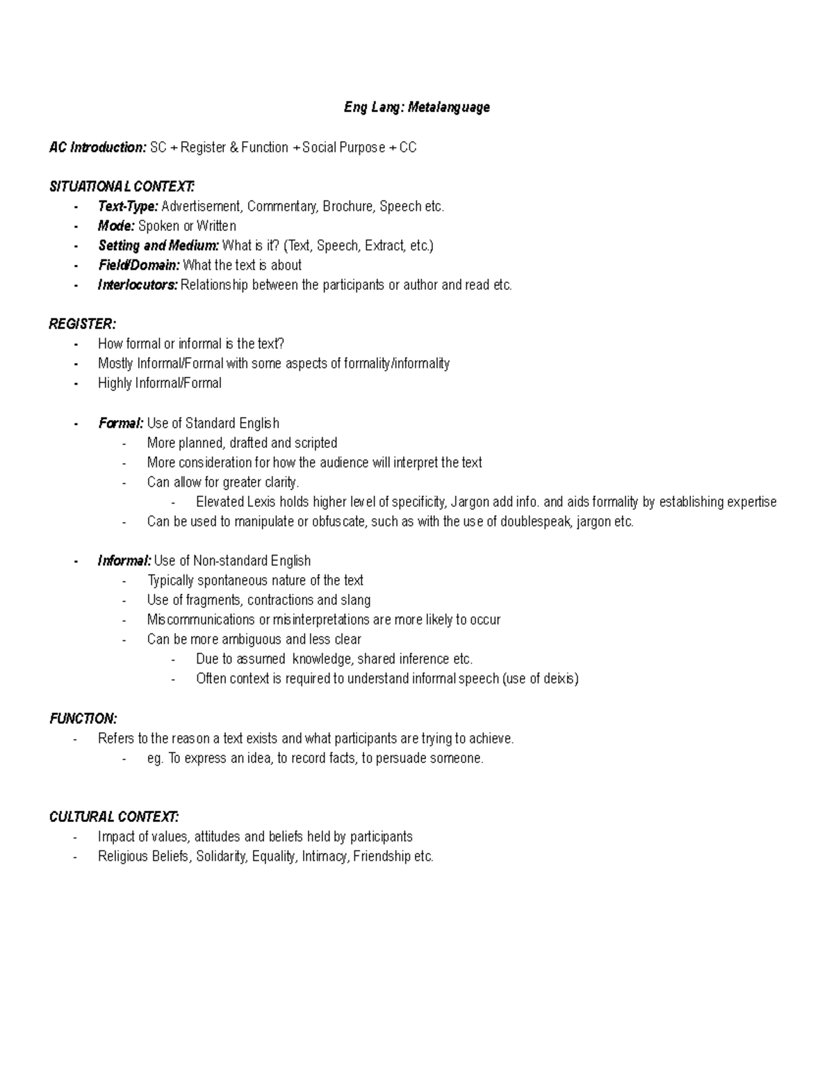 Metalanguage Revision - Eng Lang: Metalanguage AC Introduction: SC ...