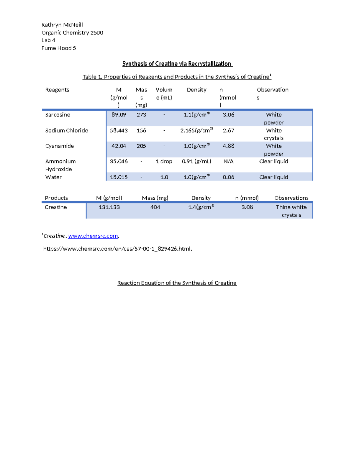 Synthesis of Creatine via Recrystallization - Properties of Reagents ...