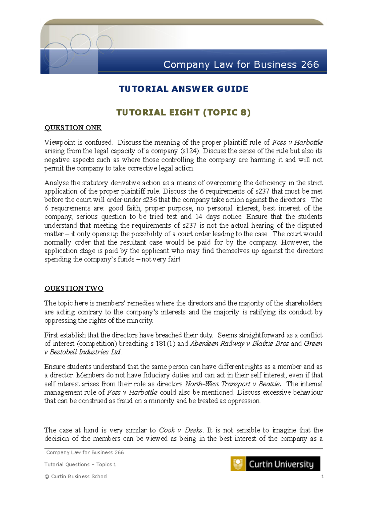 CL266 Tutorial Answers Topic 8 - Company Law for Business 266 TUTORIAL ...