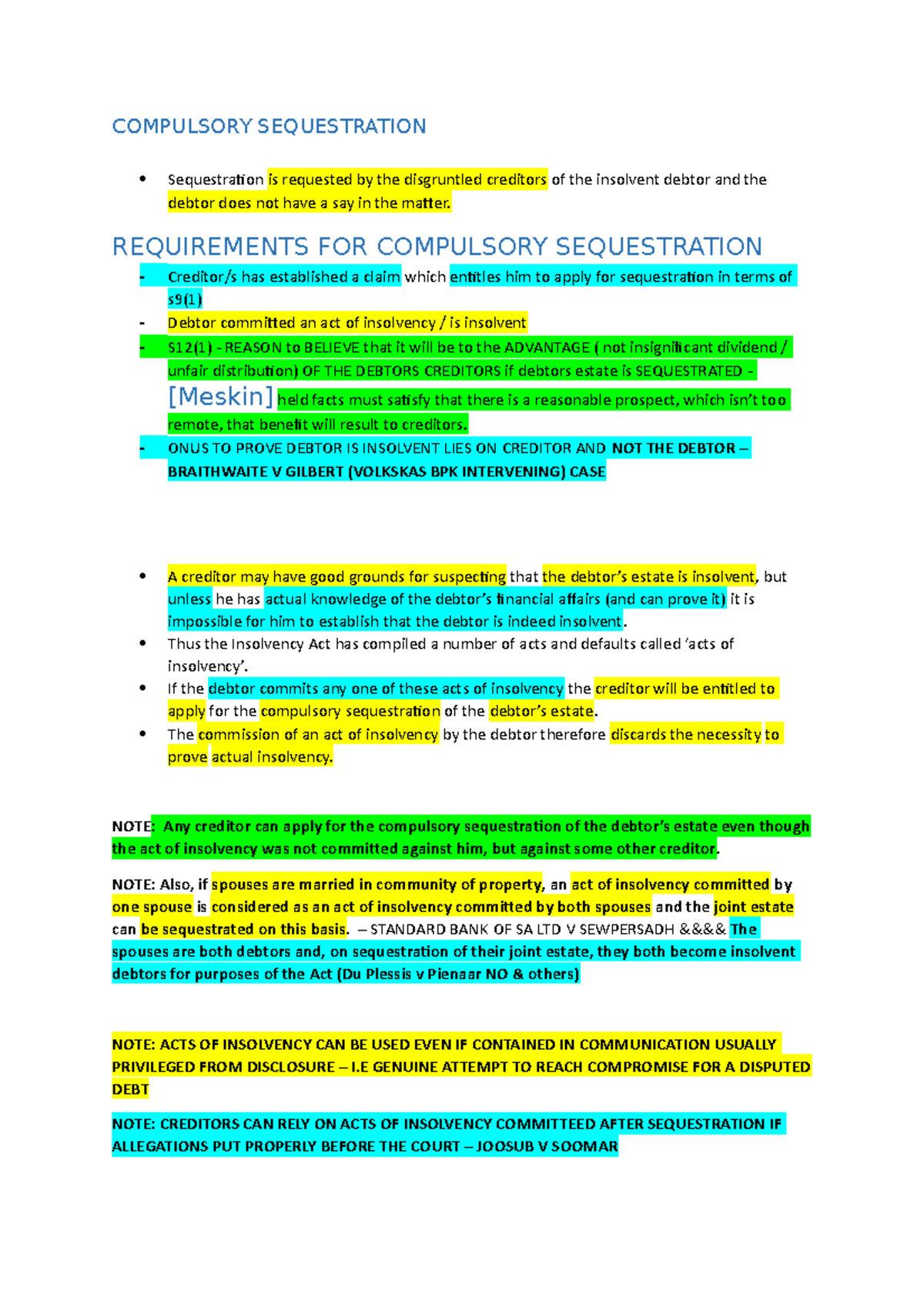 INS Notes - The law of insolvency - COMPULSORY SEQUESTRATION ...