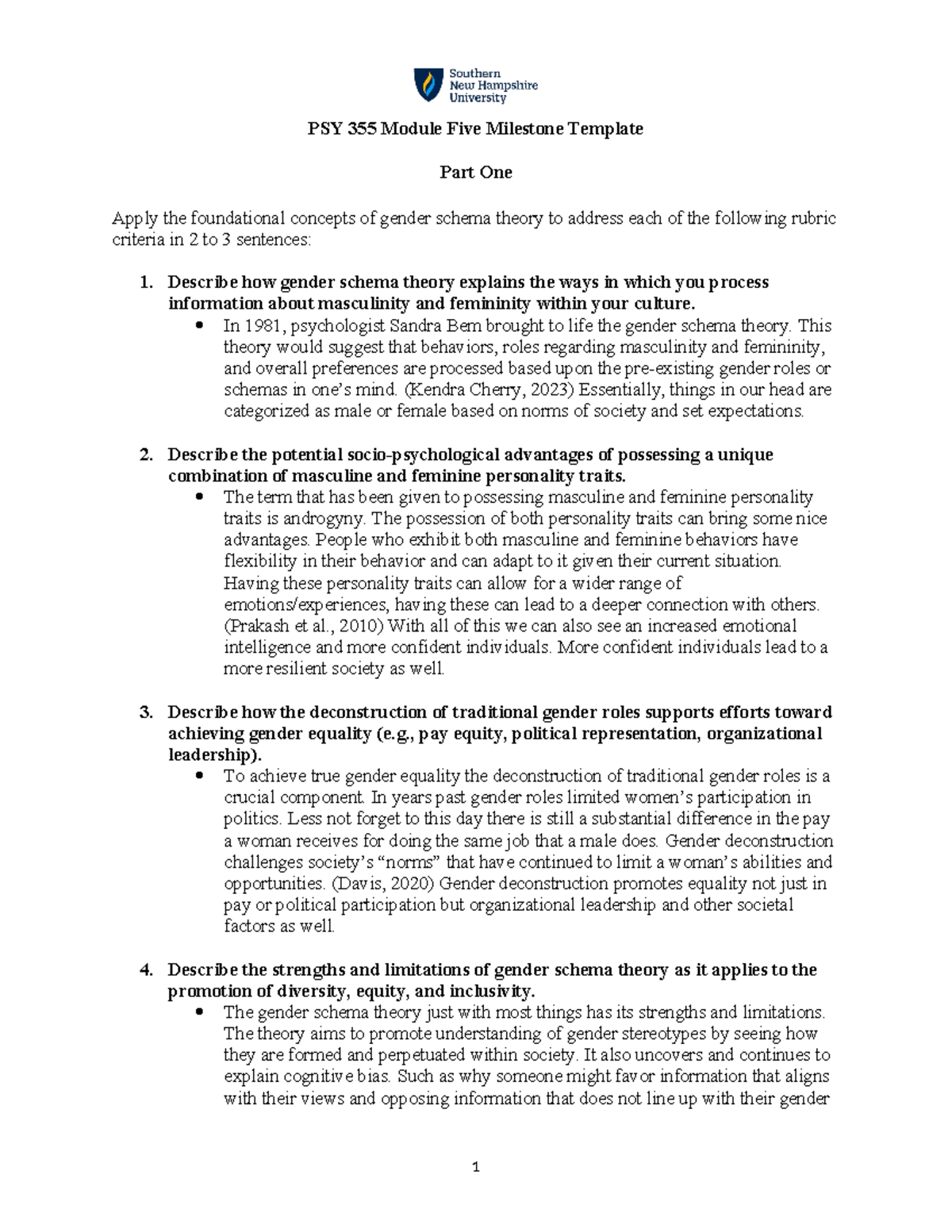 PSY 355 Module Five Milestone - In 1981, psychologist Sandra Bem ...