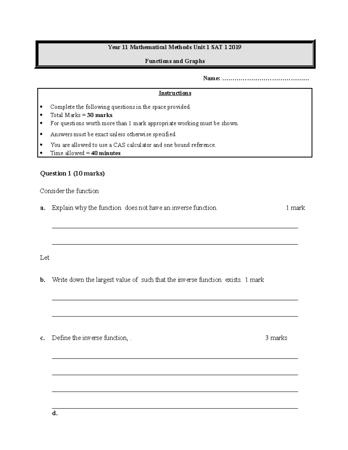 SAT 1 2019 - SAT - Year 11 Mathematical Methods Unit 1 SAT 1 2019 ...