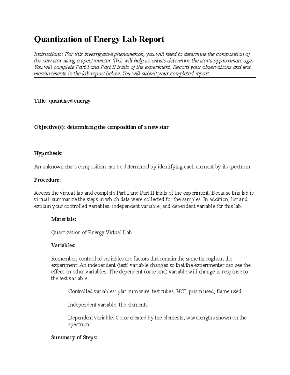 Quantization energy lab report - Quantization of Energy Lab Report ...