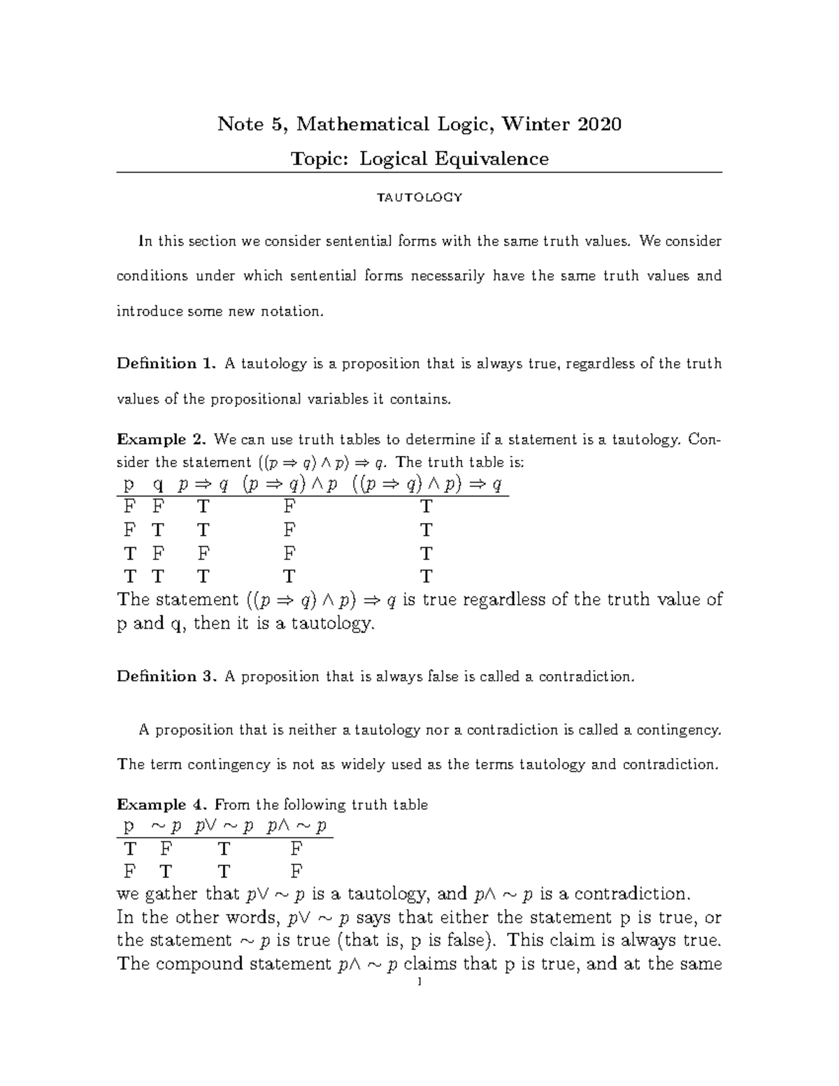 Notepc 05 - Logical Equivalence - Note 5, Mathematical Logic, Winter ...