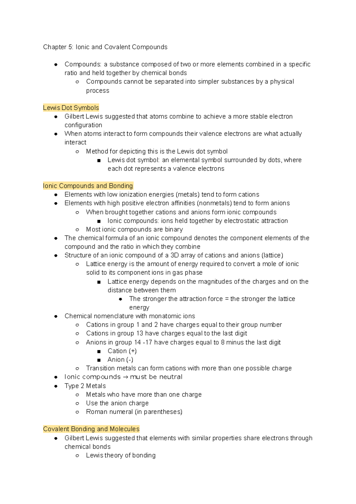 CHM1045 Ch. 5 Ionic and Covalent Compounds - Chapter 5: Ionic and ...