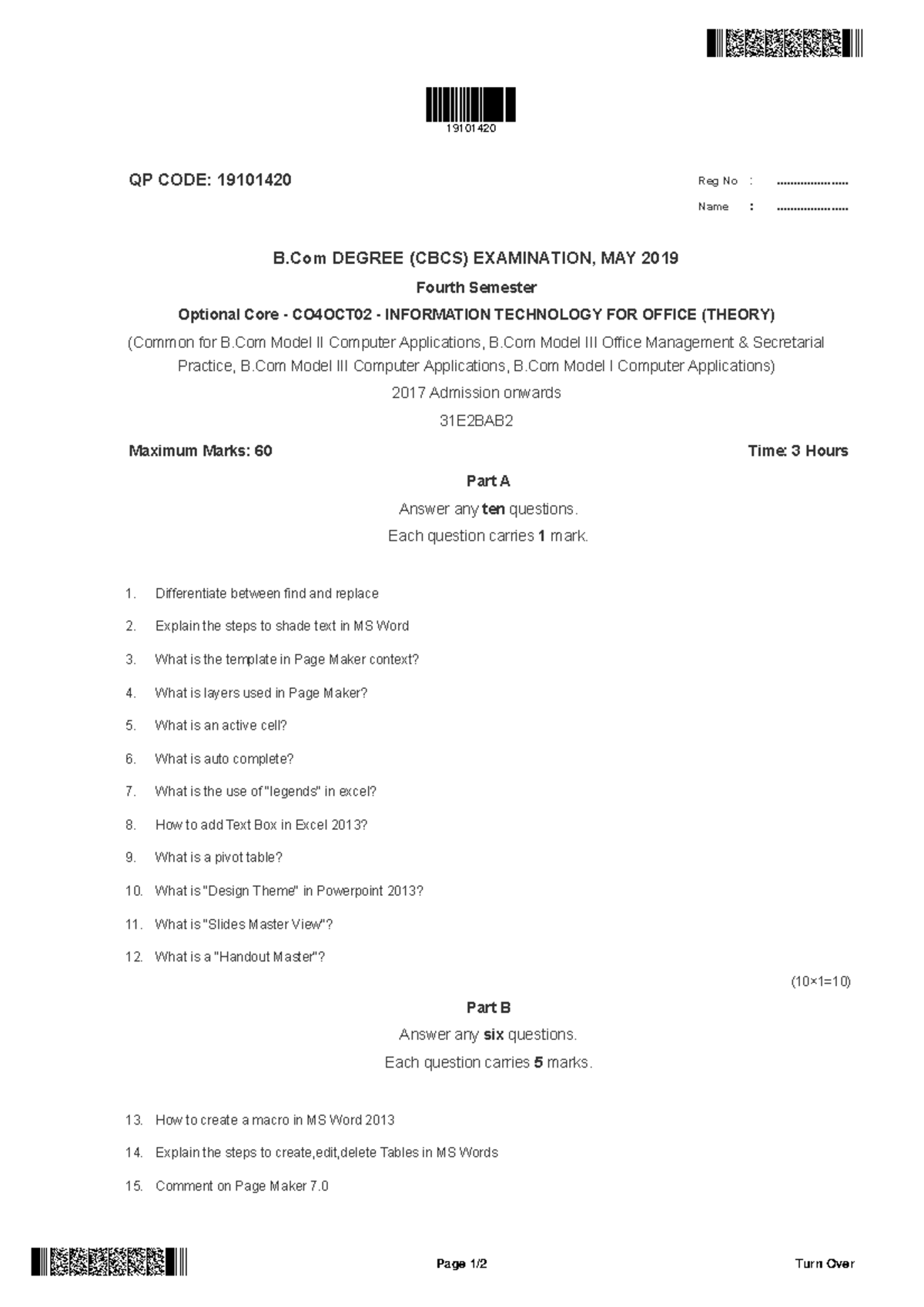 Information Technology FOR Office ( Theory) 2019 - QP CODE: 19101420 Reg No ...