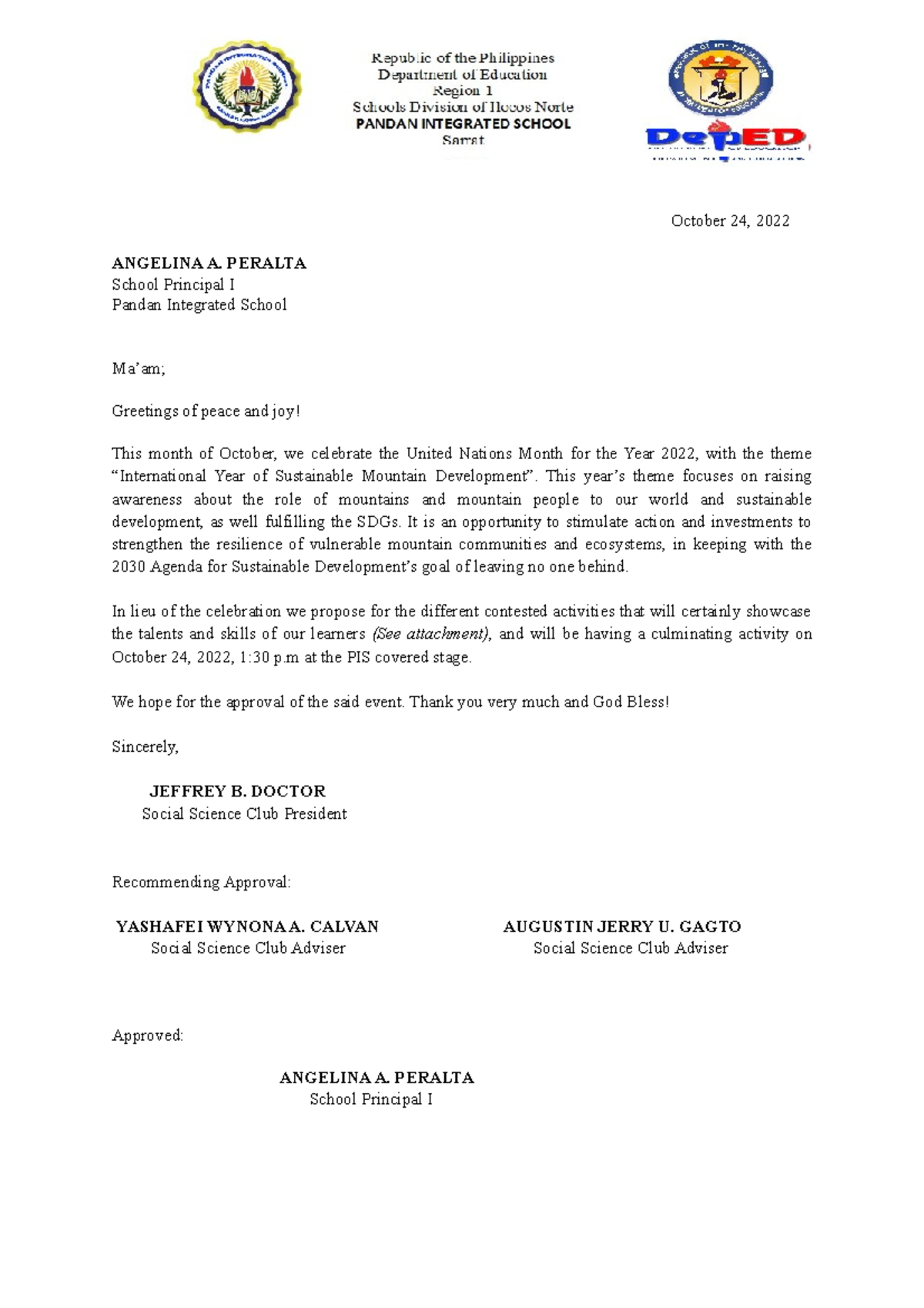 UN Celeb - October 24, 2022 ANGELINA A. PERALTA School Principal I ...