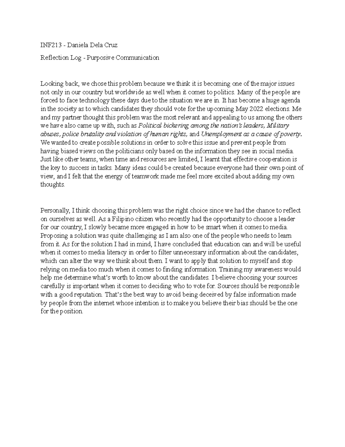 Reflection LOG - DELA CRUZ, Daniela - INF213 - Daniela Dela Cruz Reflection Log - Purposive ...