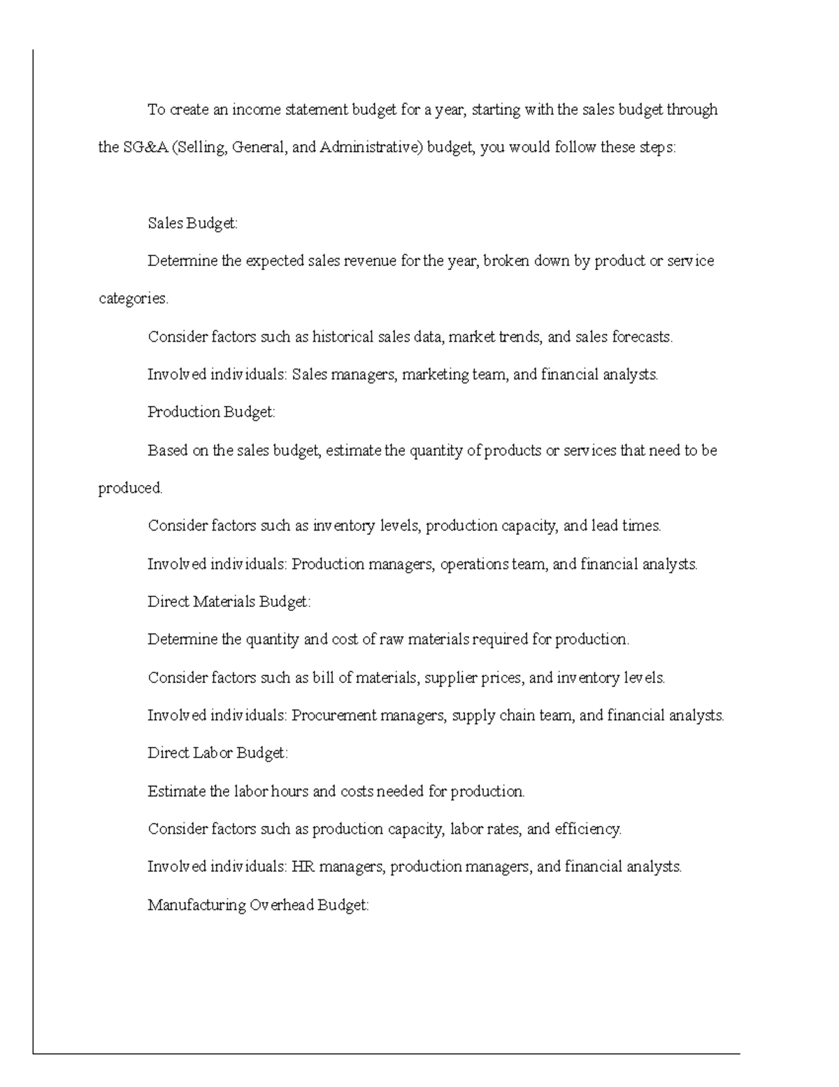 GM budget - To create an income statement budget for a year, starting ...