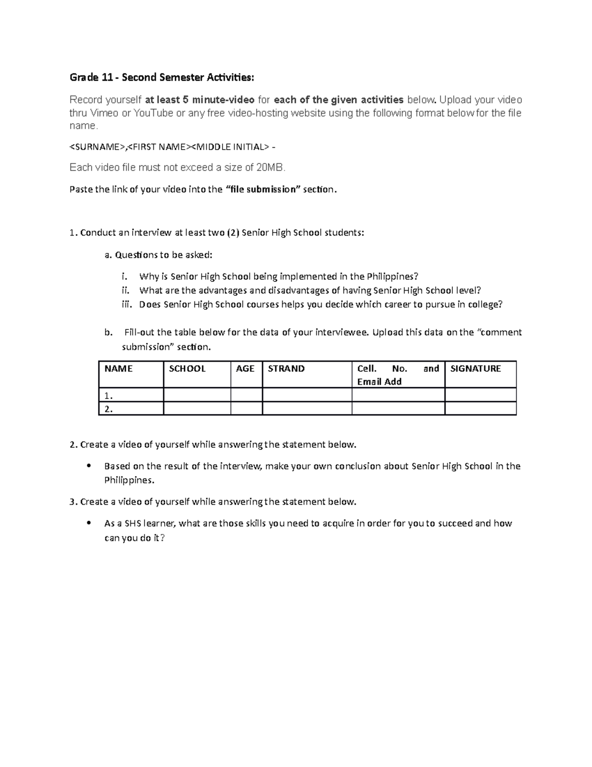 Grade 11 2nd Sem Activities - Grade 11 - Second Semester Activities ...